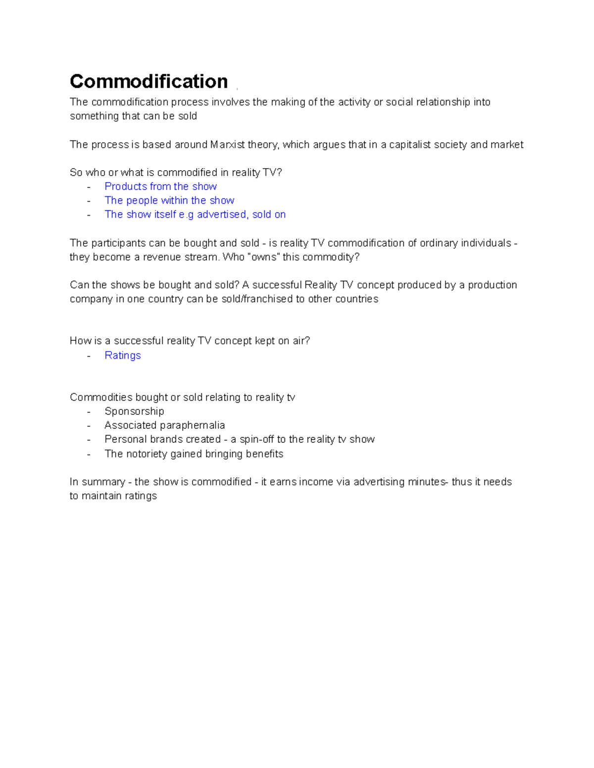 Process of Commodification SAC NOTES - Commodification The ...