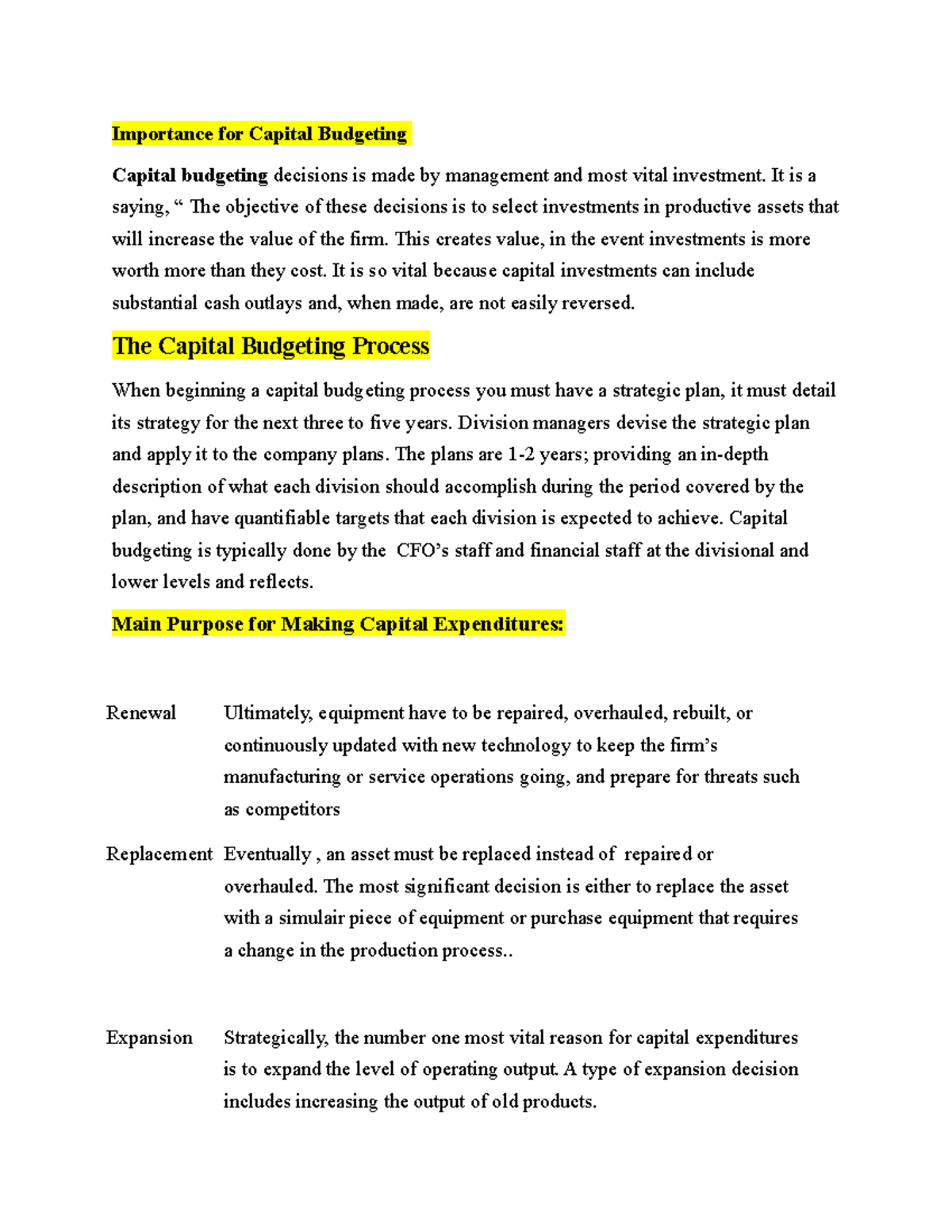 MT480 Capital Budgeting Notes - Importance for Capital Budgeting ...