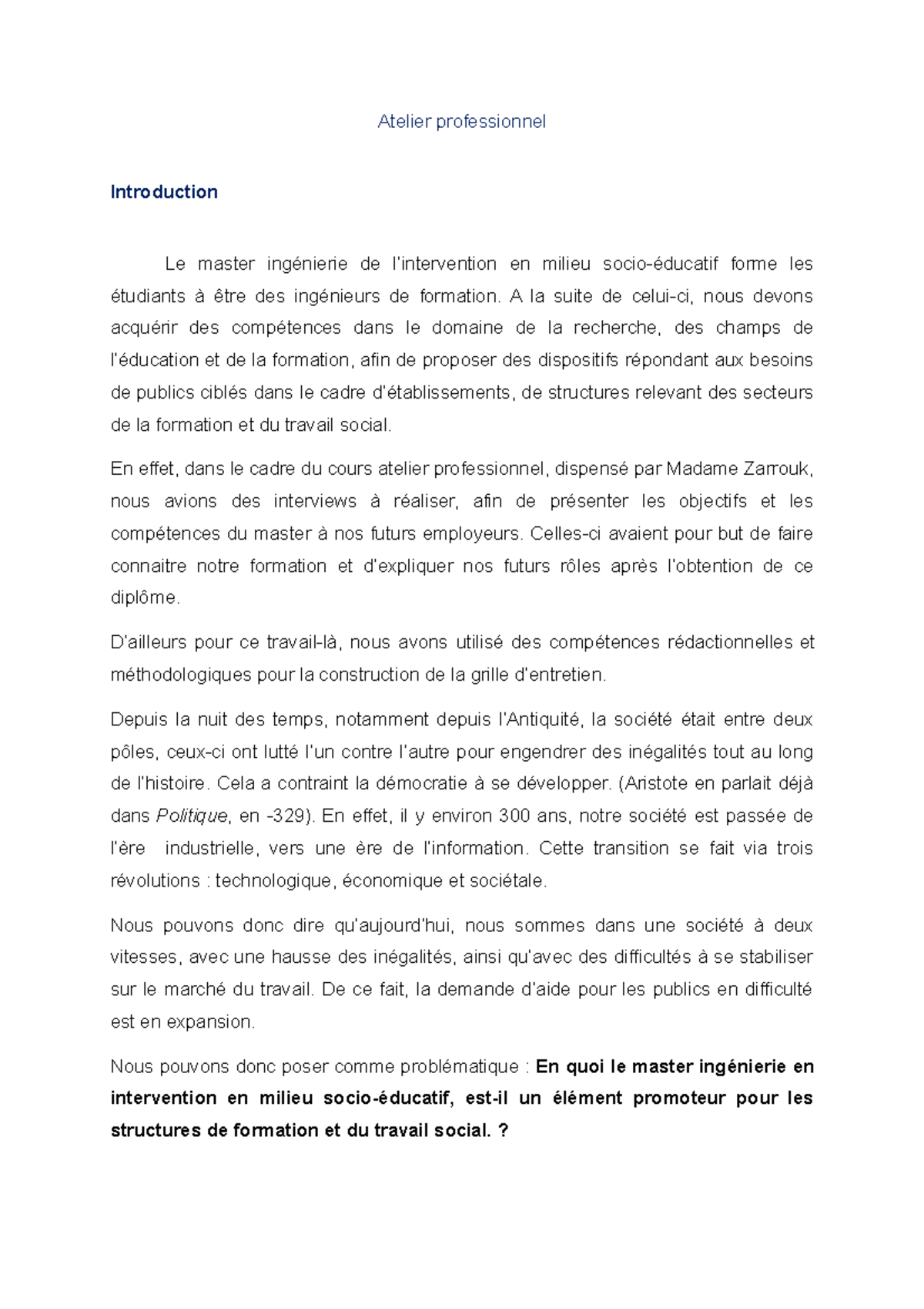 Dossier Atelier professionnel - Atelier professionnel Introduction Le ...
