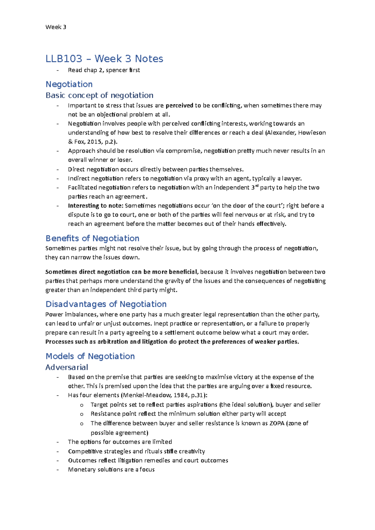 LLB103 - Week 3 Notes - Negotiation - Week 3 LLB103 – Week 3 Notes ...