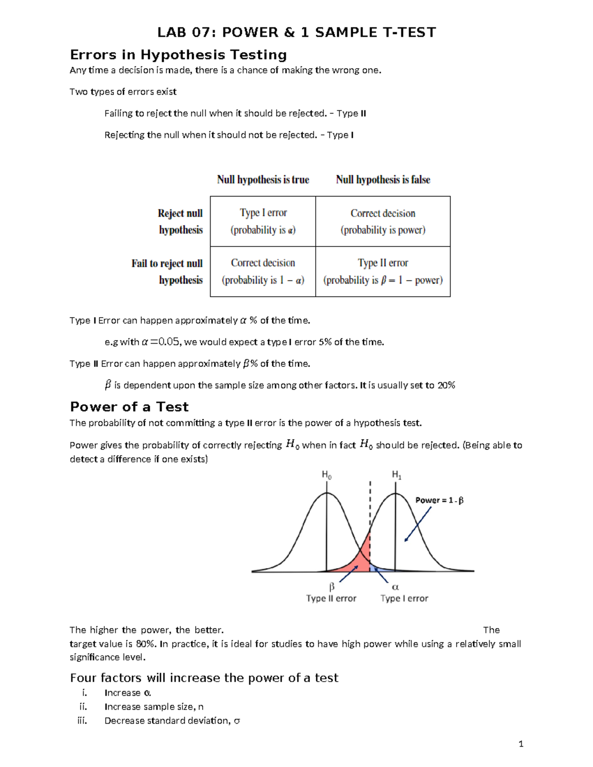 Lab 7 Power & 1 sample t-test - LAB 07: POWER & 1 SAMPLE T-TEST Errors ...