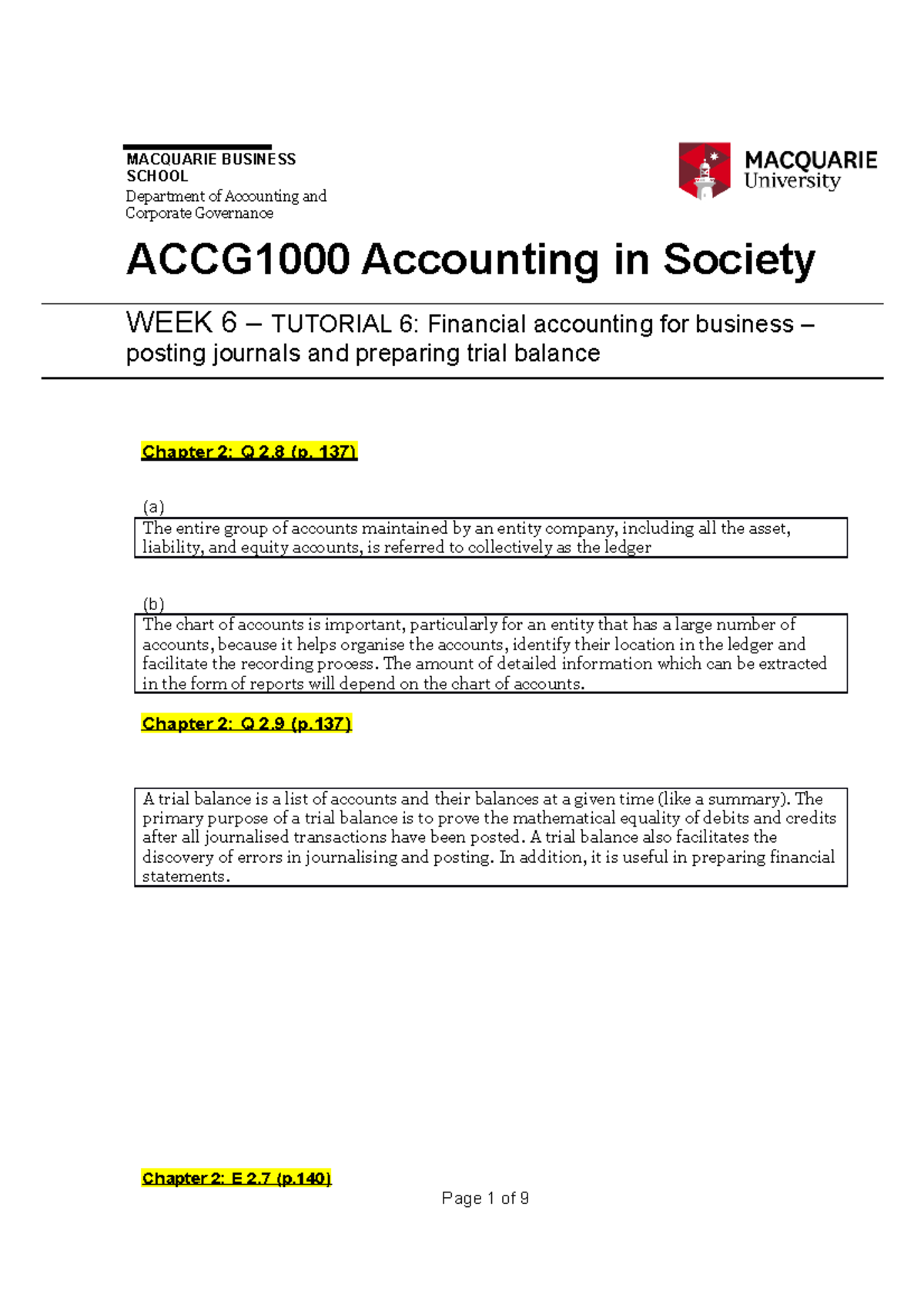 Week 6 Tutorial Workbook - MACQUARIE BUSINESS SCHOOL Department of ...