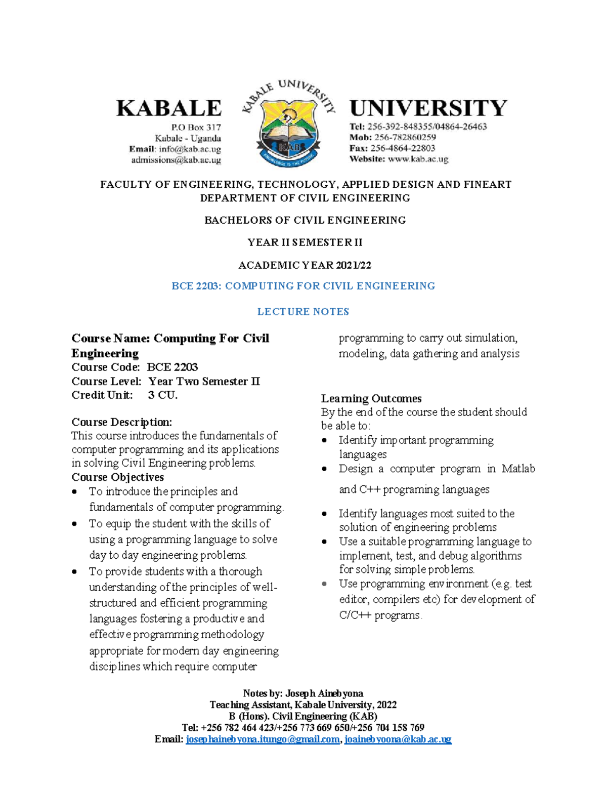 BCE 2203 Copmuting for civil Engineering course outline - Notes by ...