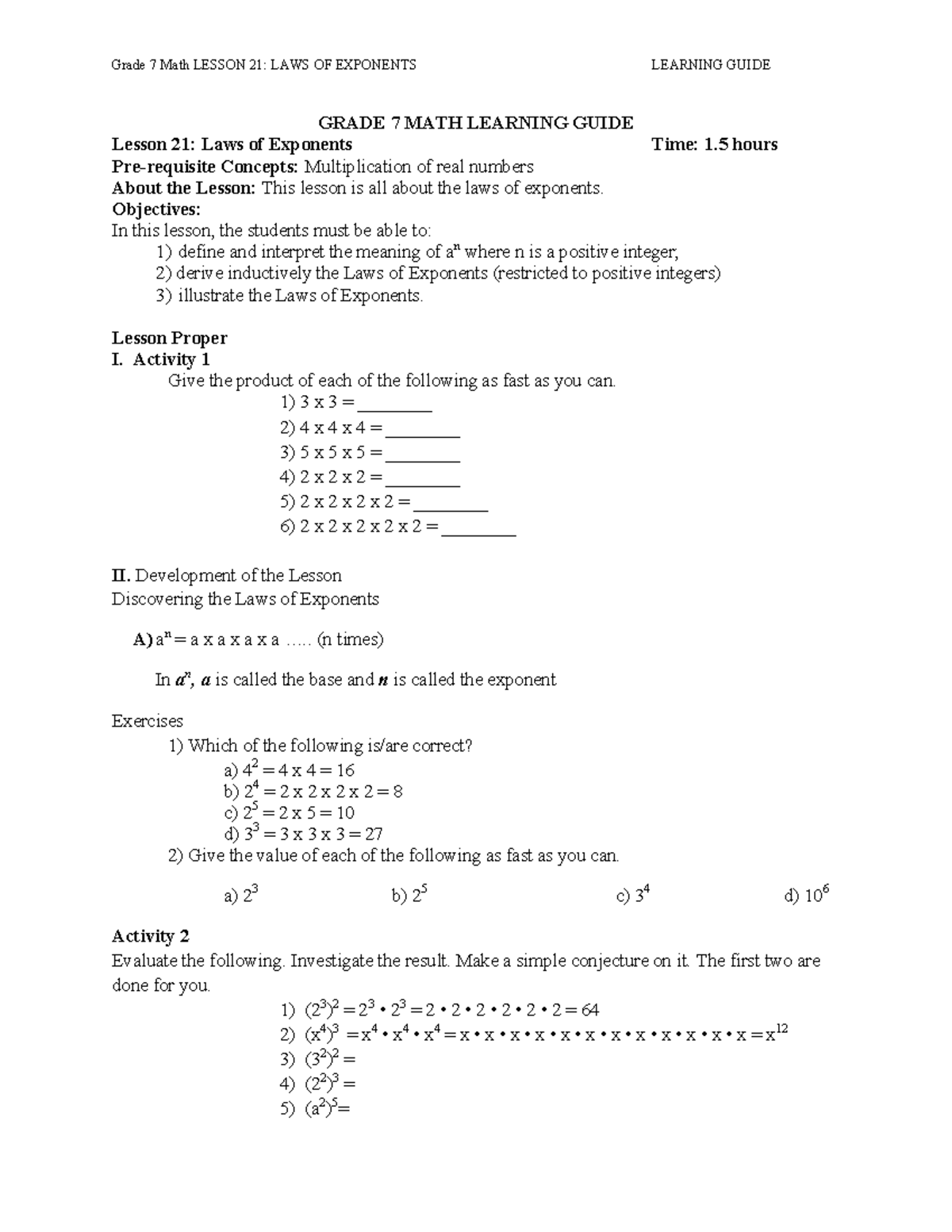 Laws of exponents final lg - GRADE 7 MATH LEARNING GUIDE Lesson 21 ...