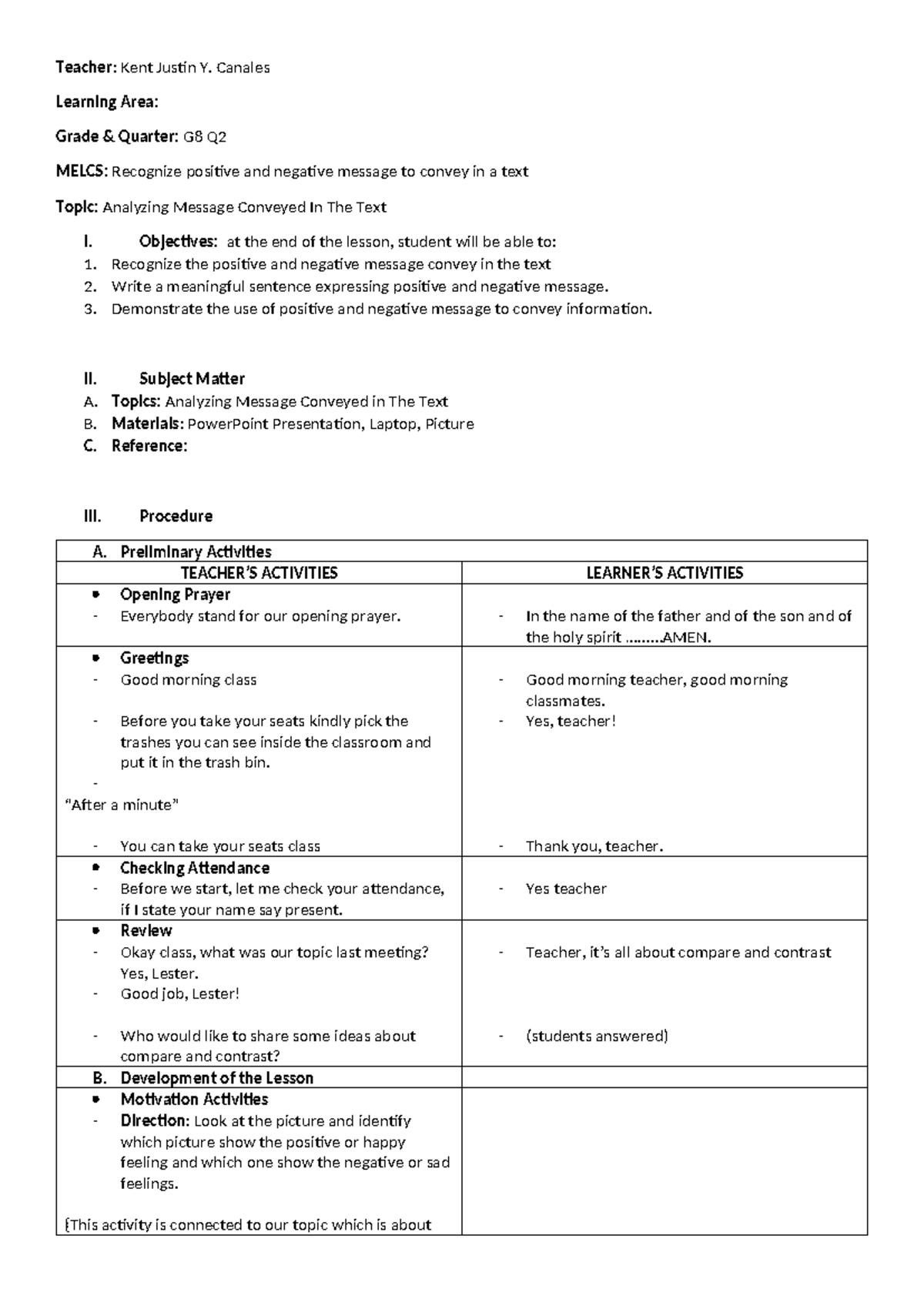 Lesson PLAN 2 - games - Teacher: Kent Justin Y. Canales Learning Area ...