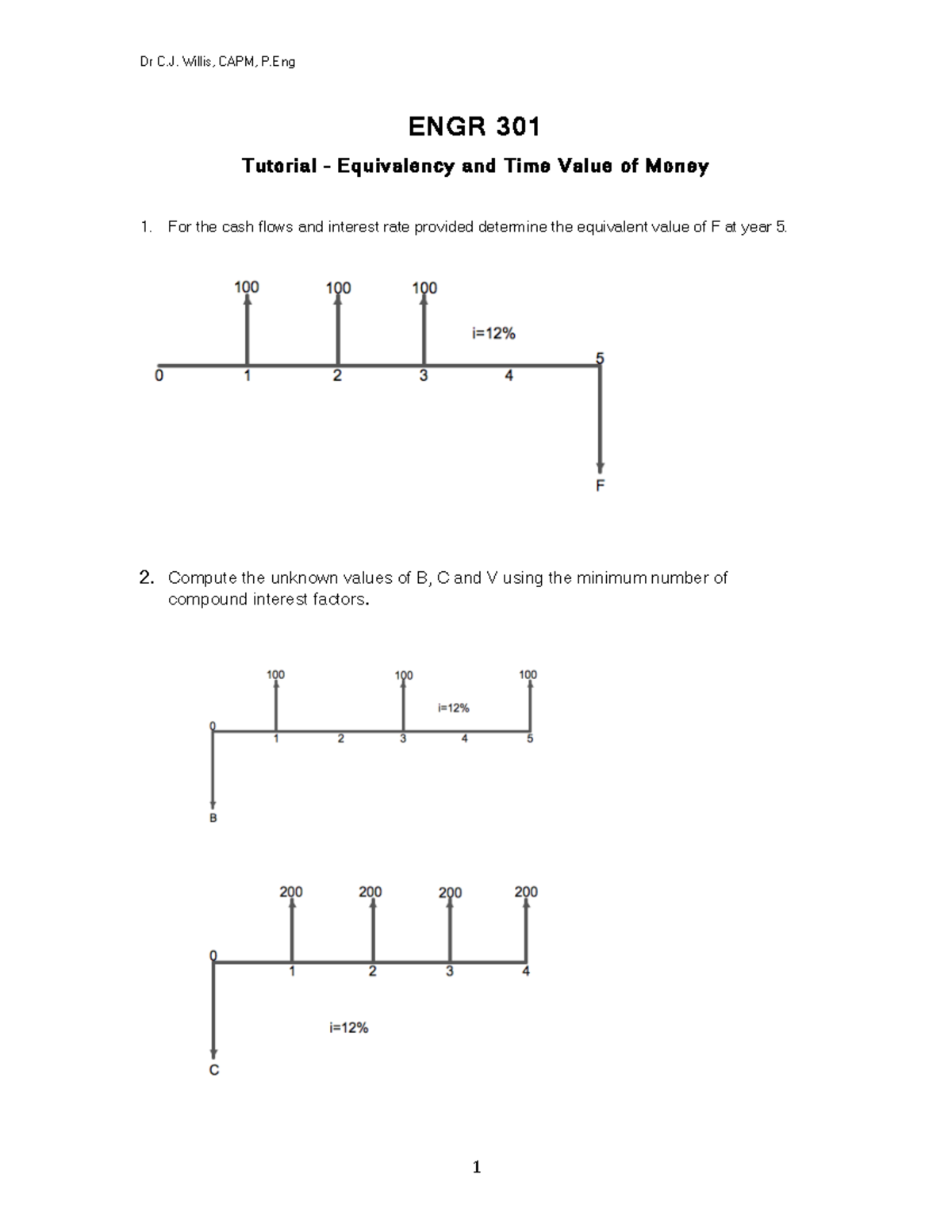 Tutorial work - equivalency professor: c.j. willis - Dr C. Willis, CAPM, P ENGR 301 Tutorial ...