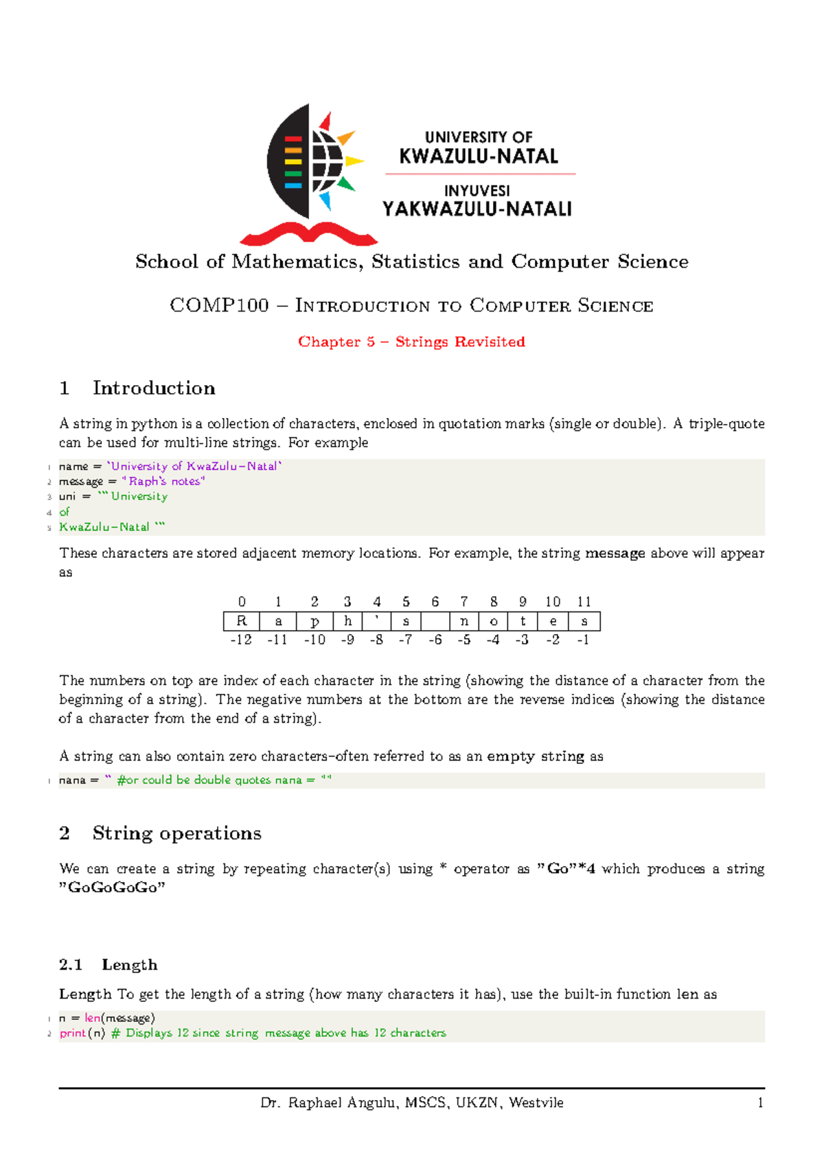 Chapter 6 Strings Summary Introduction To Computer Science School Of Mathematics Statistics