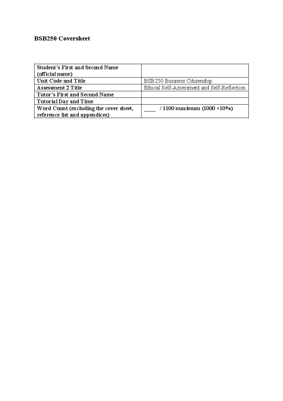 BSB250 Coversheet - BSB250 Coversheet Student’s First and Second Name ...