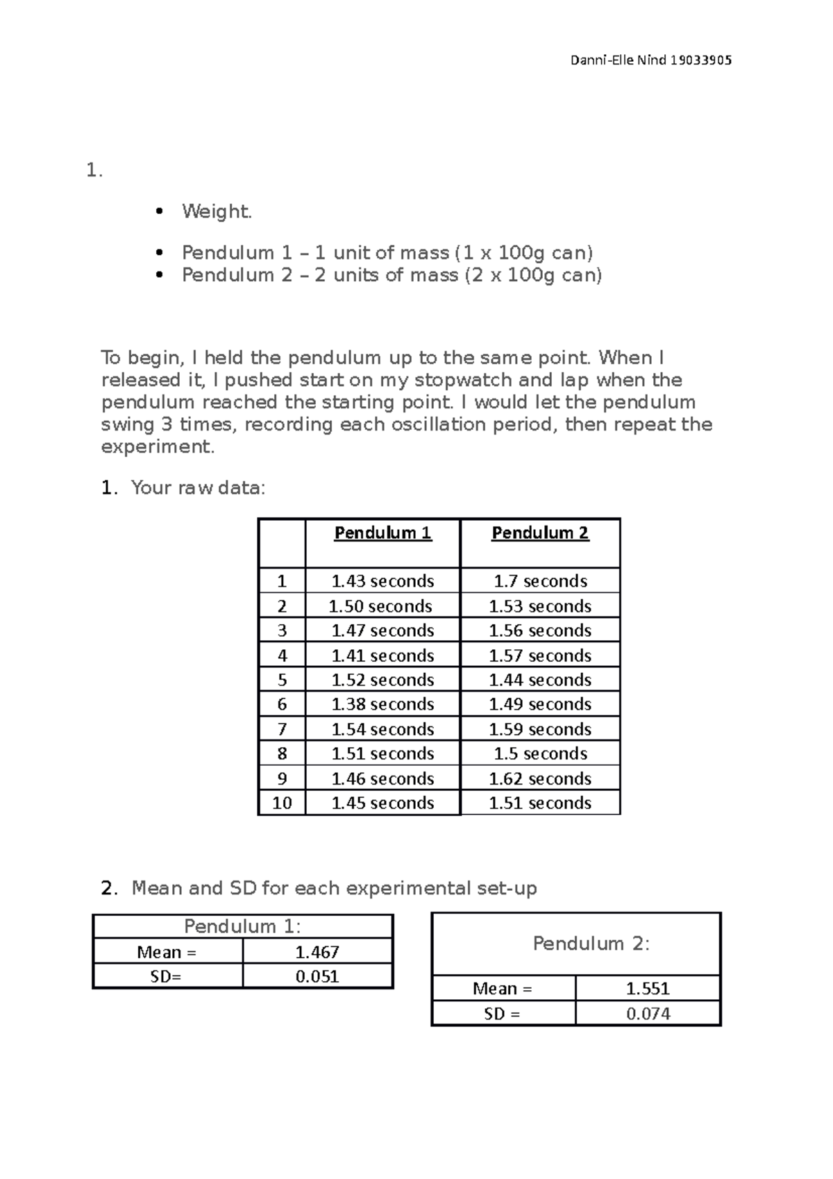 Pendulums - m. Ramadan - Danni-Elle Nind 19033905 1. Weight. Pendulum 1 ...