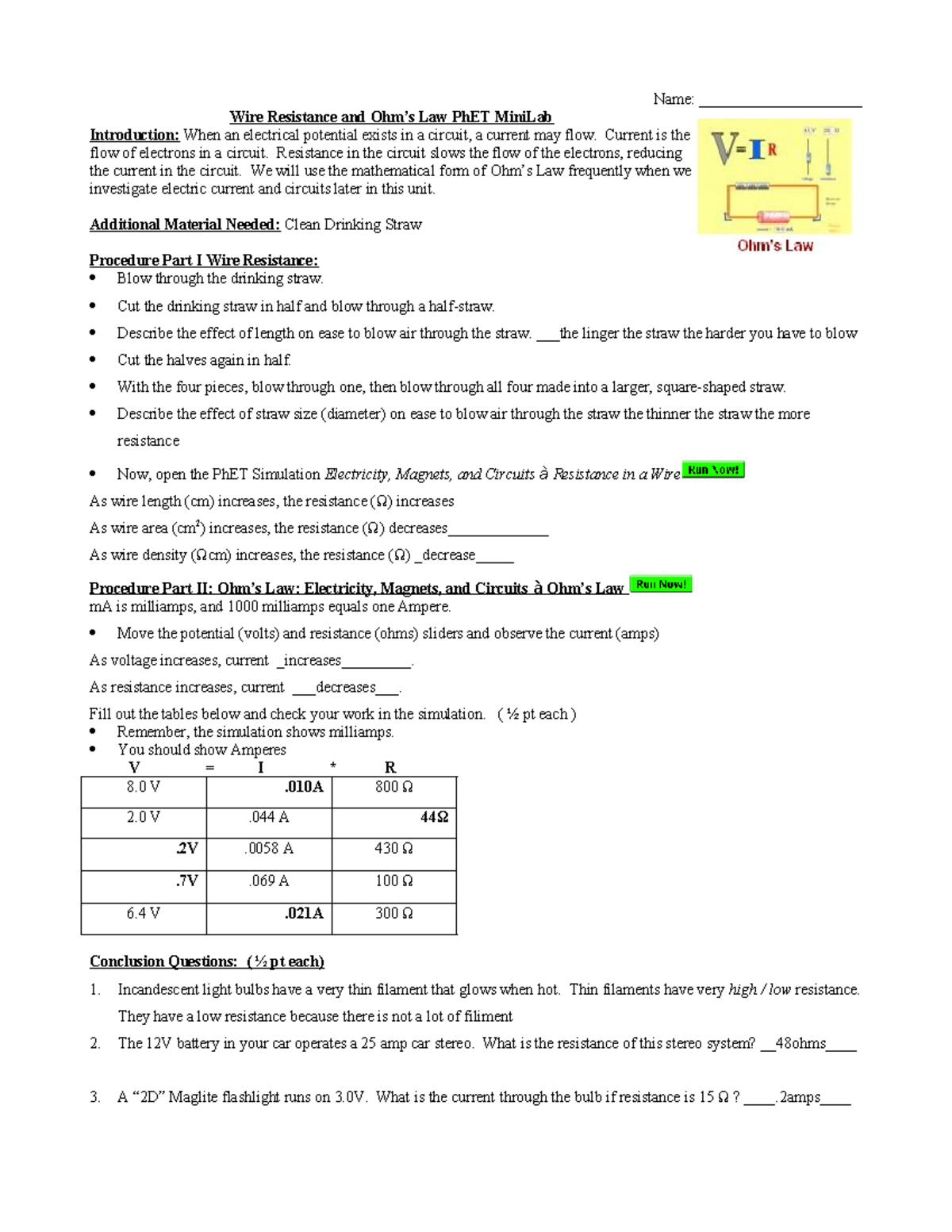 Ohms law-resistance lab - Name: _____________________ Wire Resistance ...