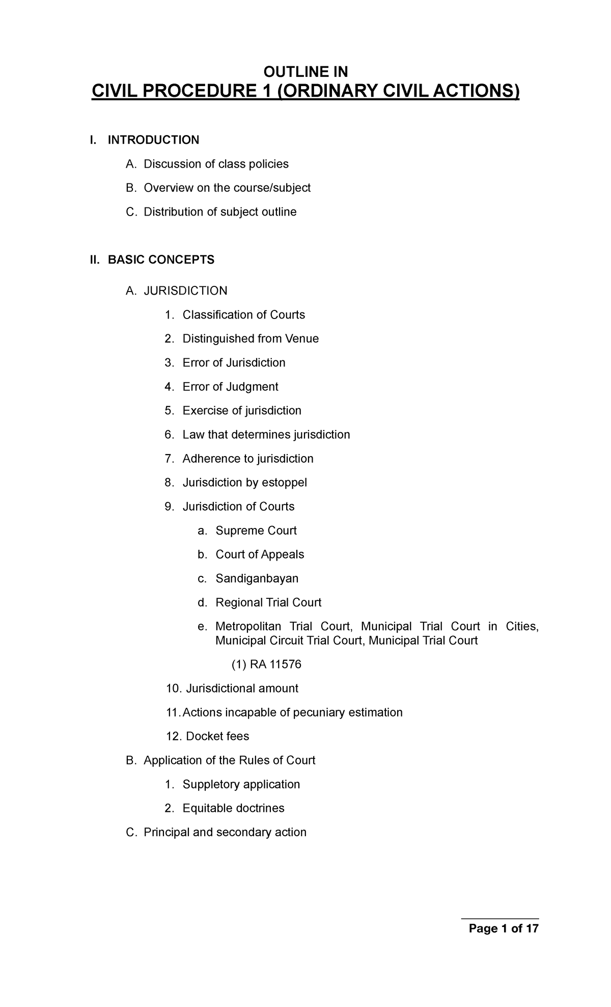 Outline in Civil Procedure Lectures : Topics and Cases Discussed ...