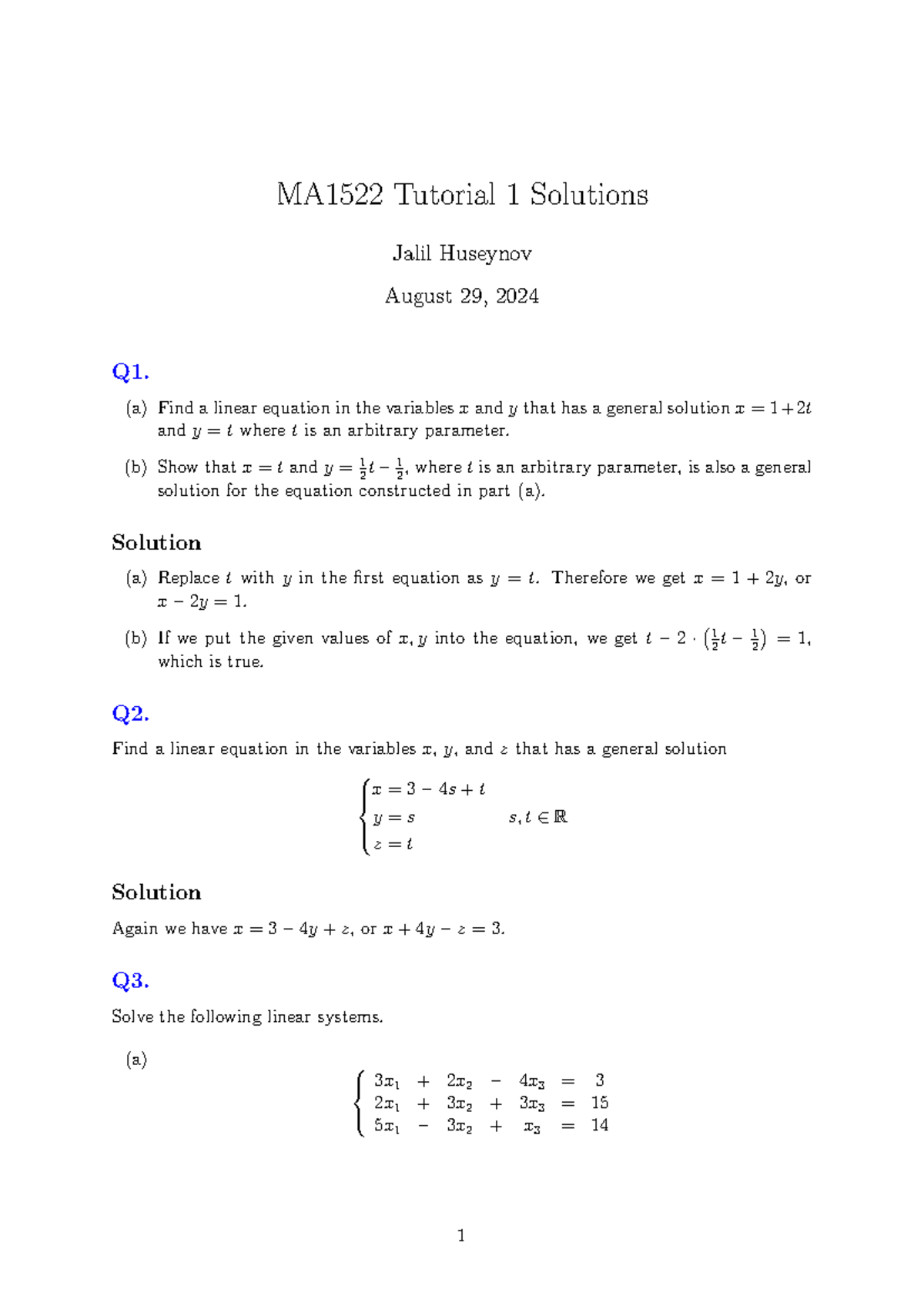 Tutorial 1 - Solutions - MA1522 Tutorial 1 Solutions Jalil Huseynov August 29, 2024 Q1. (a) Find ...