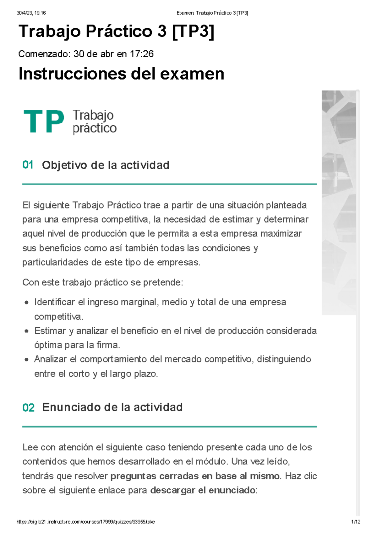 TP 3 Examen Trabajo Práctico 3 [TP3] economia 2023 - Trabajo Práctico 3 [TP3] Comenzado: 30 de ...