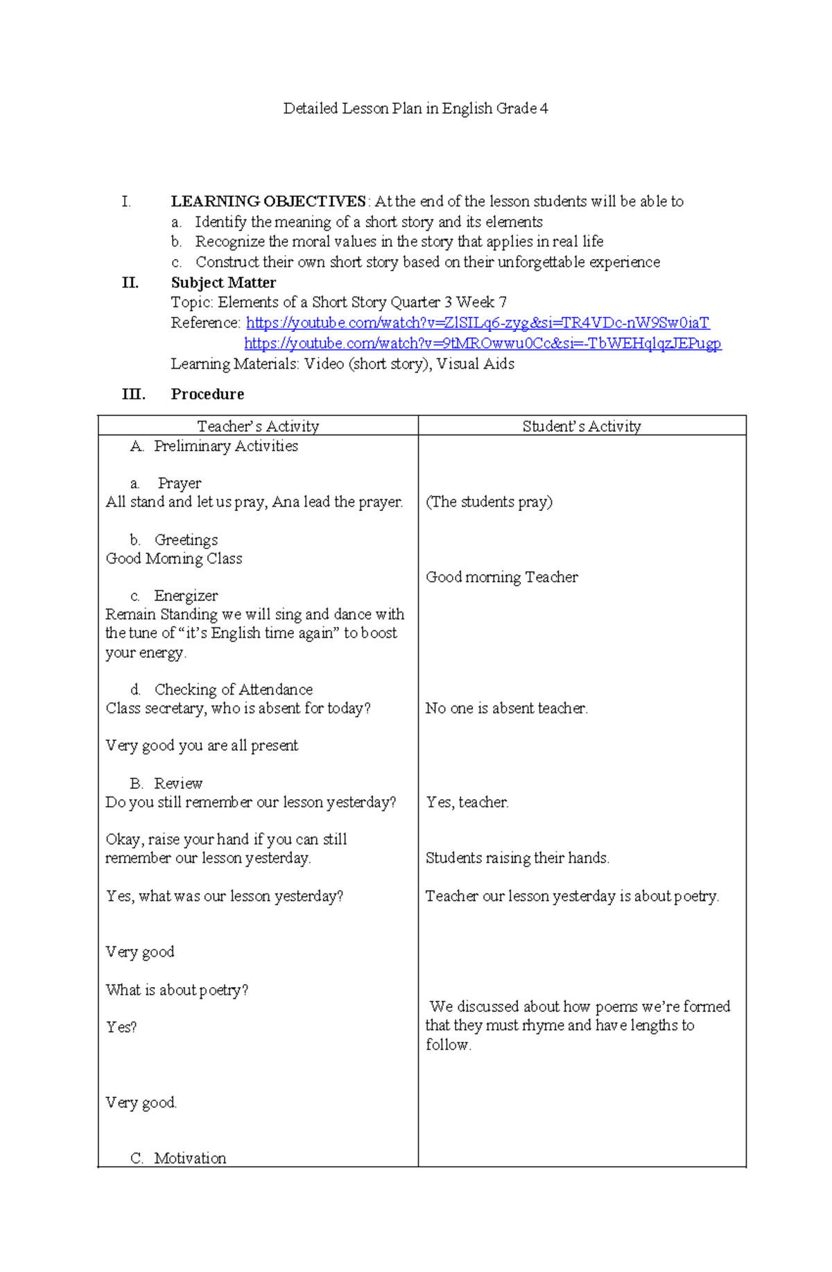 Lesson plan in English - LEARNING OBJECTIVES: At the end of the lesson ...