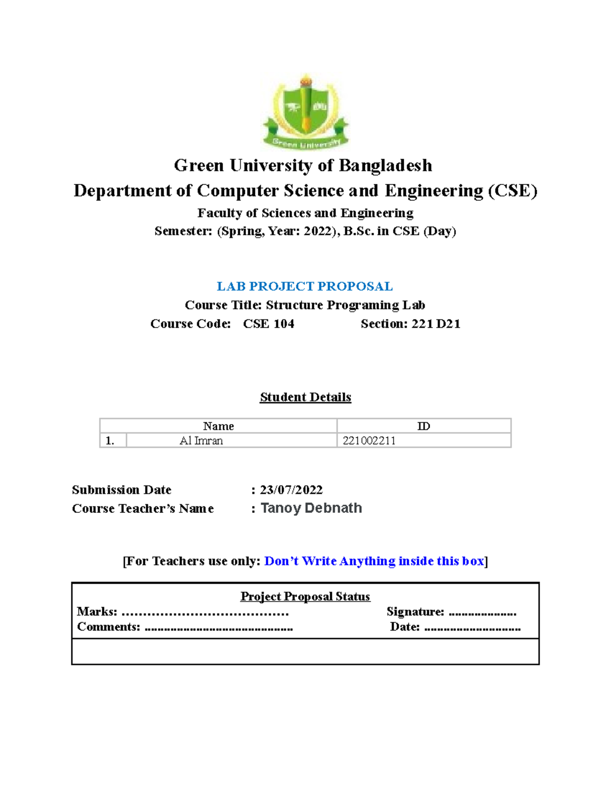 Lab Project Proposal Template - Green University of Bangladesh Department of Computer Science ...