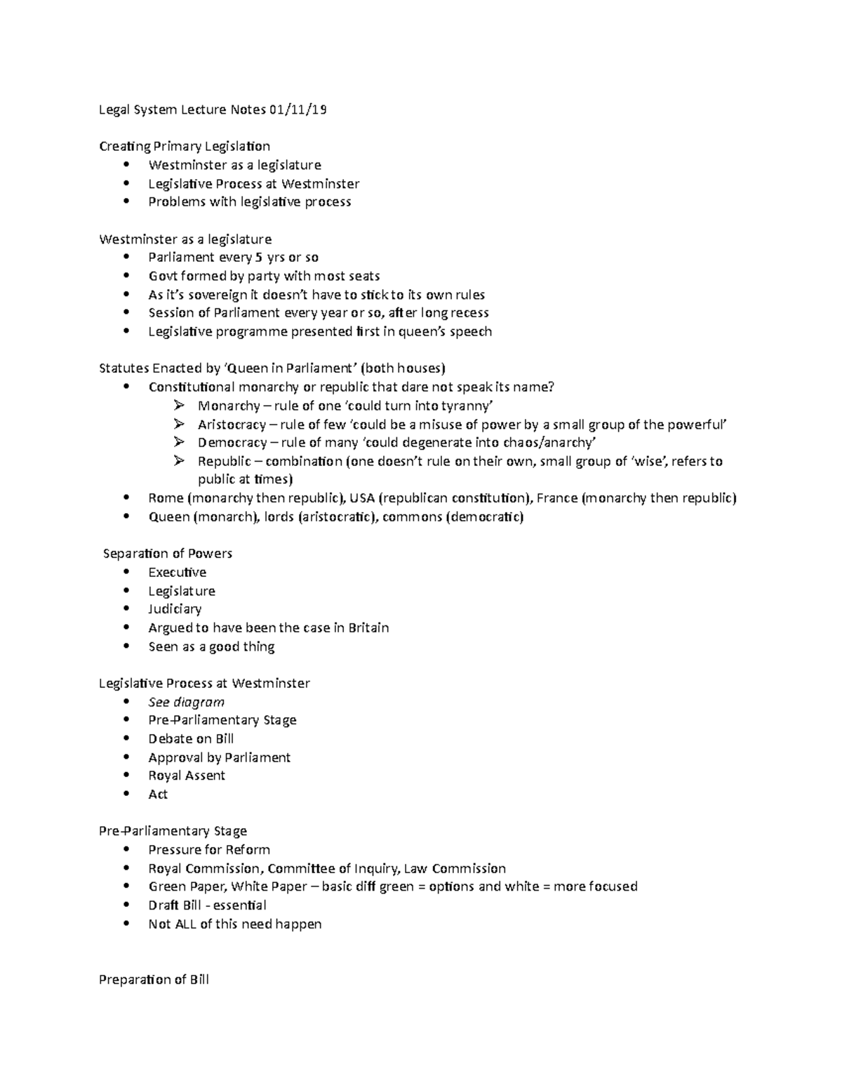 Creating Primary Legislation - Legal System Lecture Notes 01/11 ...
