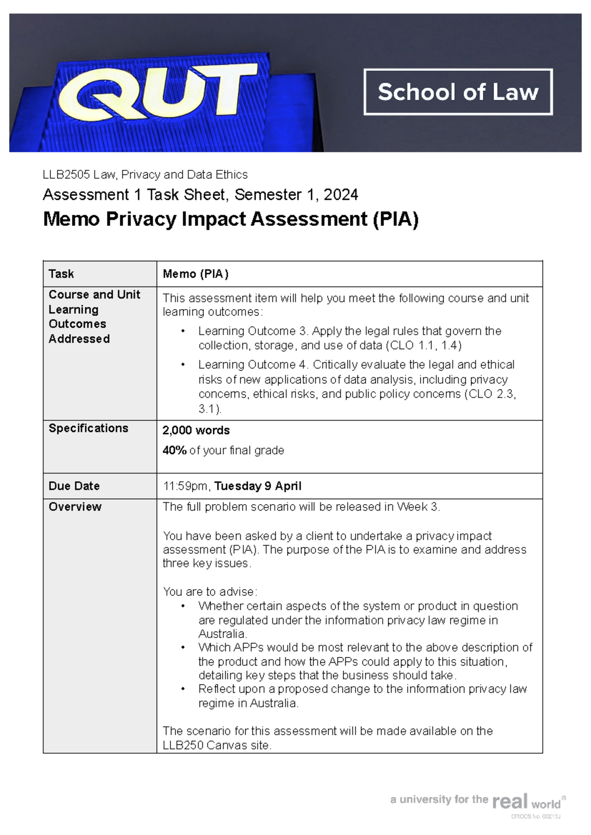 LLB250 Sem 1 24 Memo PIA Task Sheet and CRA - LLB2505 Law, Privacy and Data Ethics Assessment 1 ...