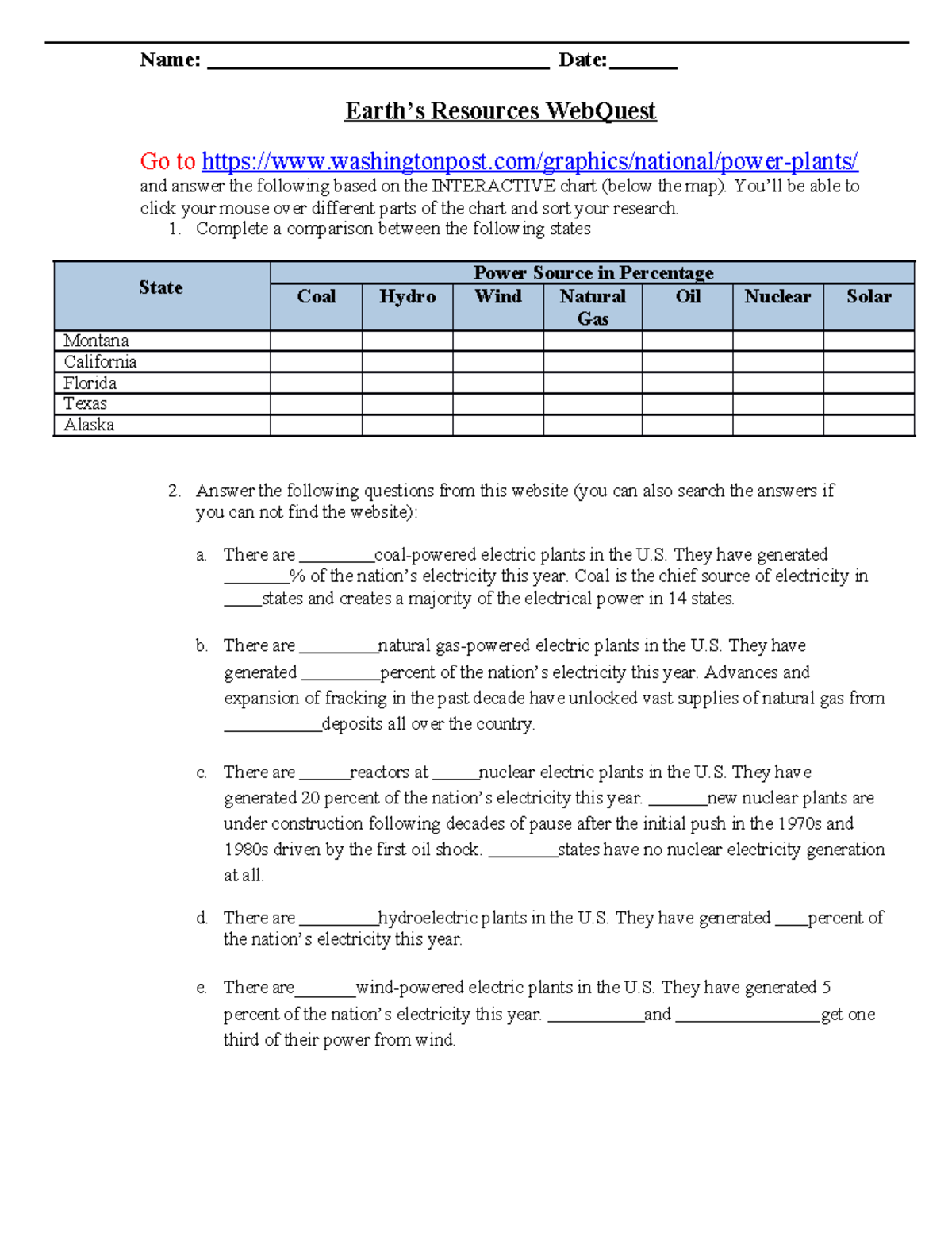 Natural Resources Webquest energy webquest - Name: Date: Earth’s ...