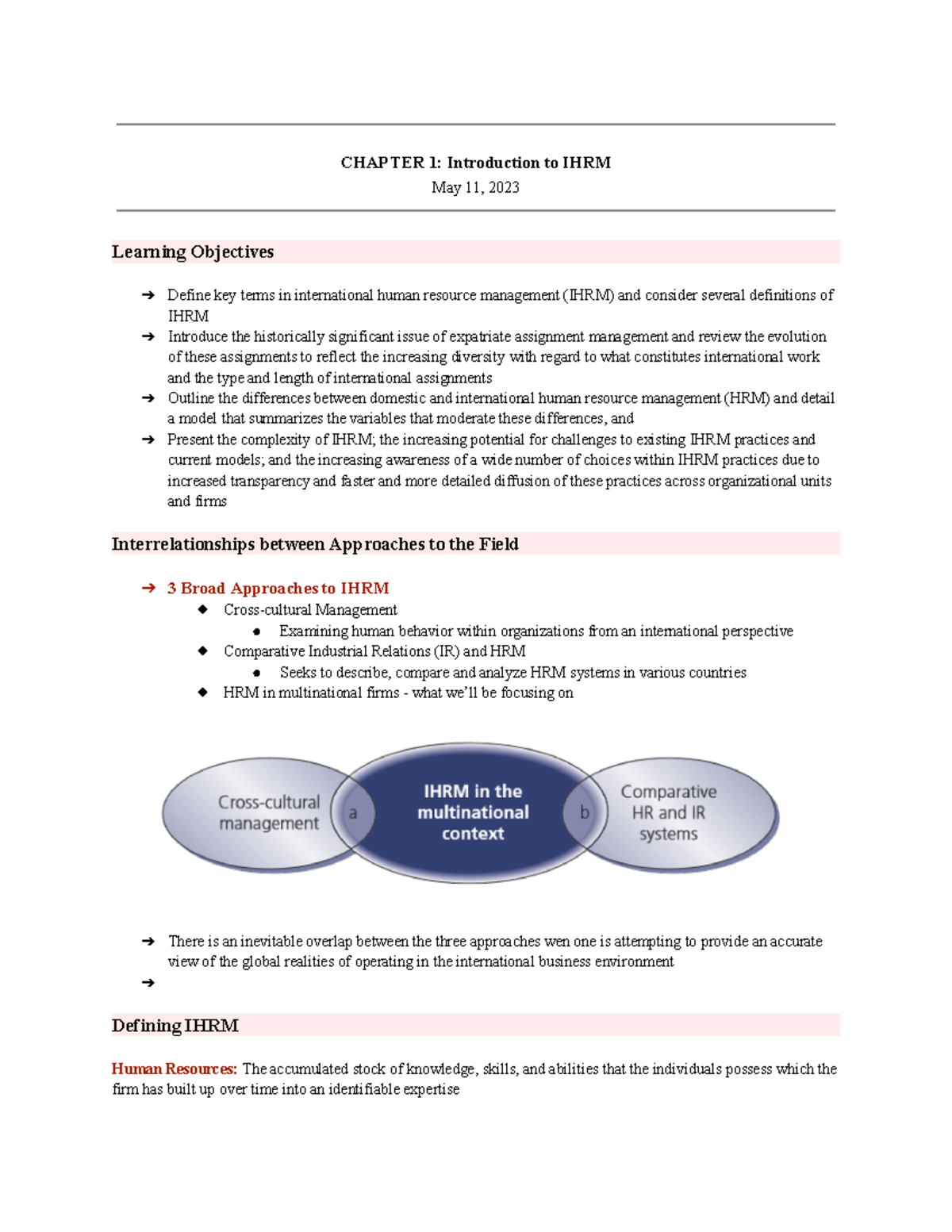 IHRM - Chapter 1 - CHAPTER 1: Introduction to IHRM May 11, 2023 Learning Objectives Define key ...