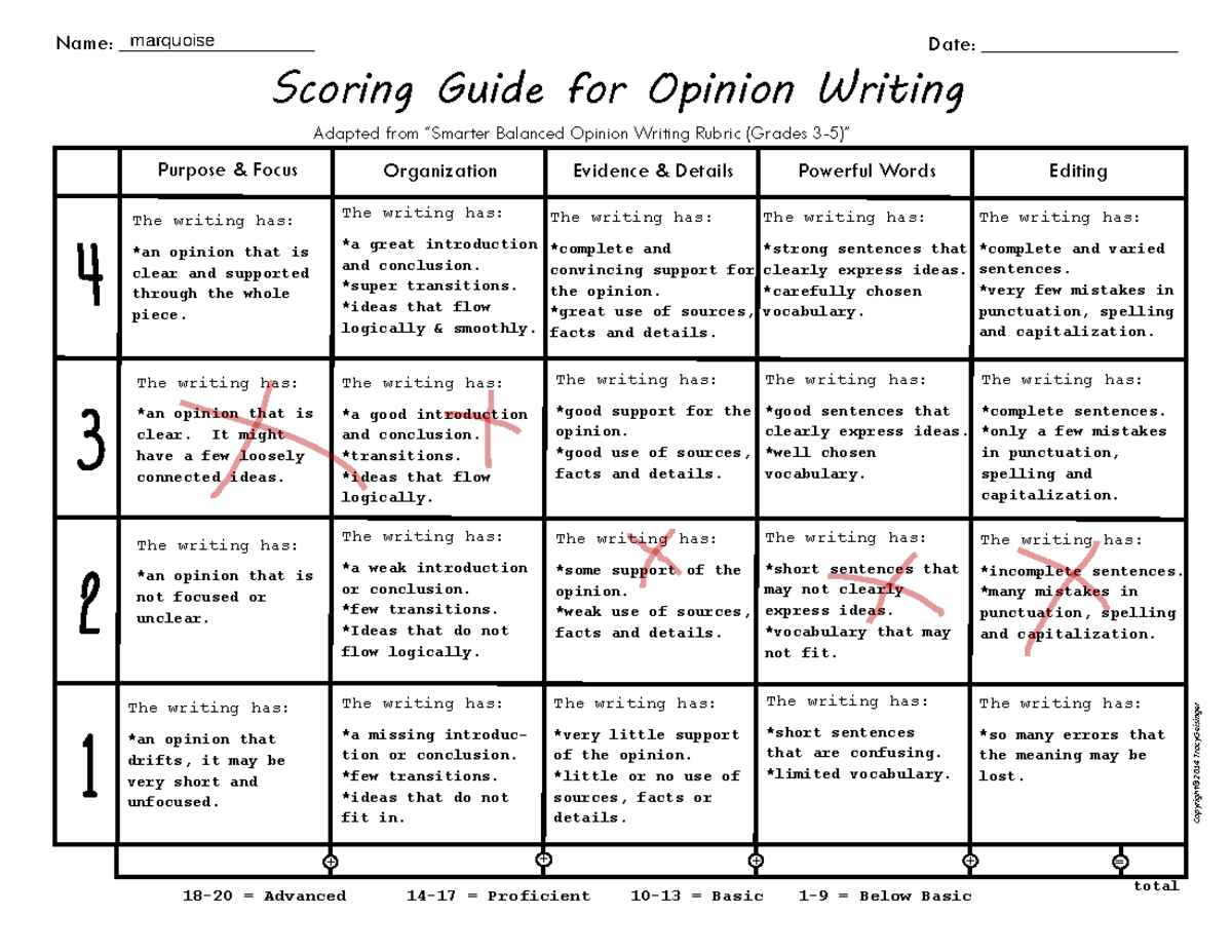 User Friendly Opinion Writing Rubric-1 - Scoring Guide for Opinion ...