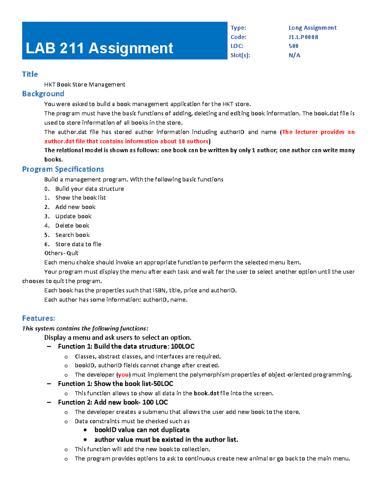 J1.L.P0008. HKT Book Store -500LOC - LAB 211 Assignment Type: Long Assignment Code: J1.L LOC ...