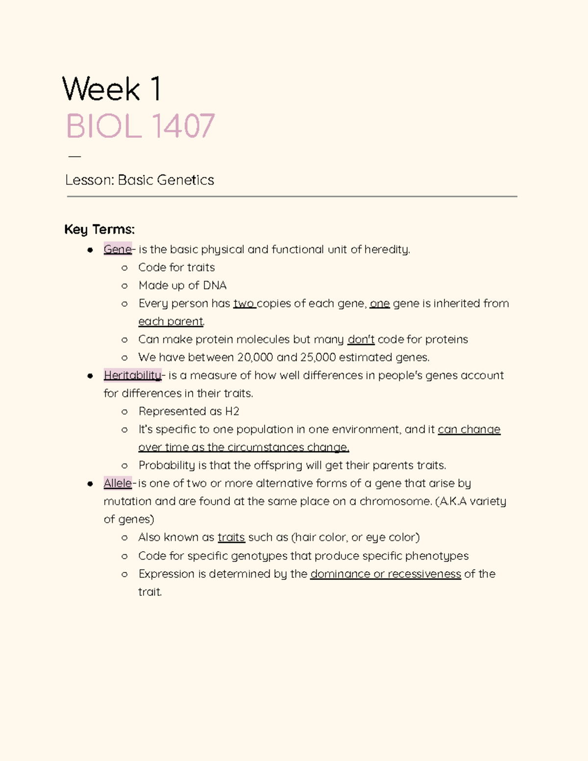 Week 1 Basic Genetics - Lecture notes 2 - Week 1 BIOL 1407 Lesson ...