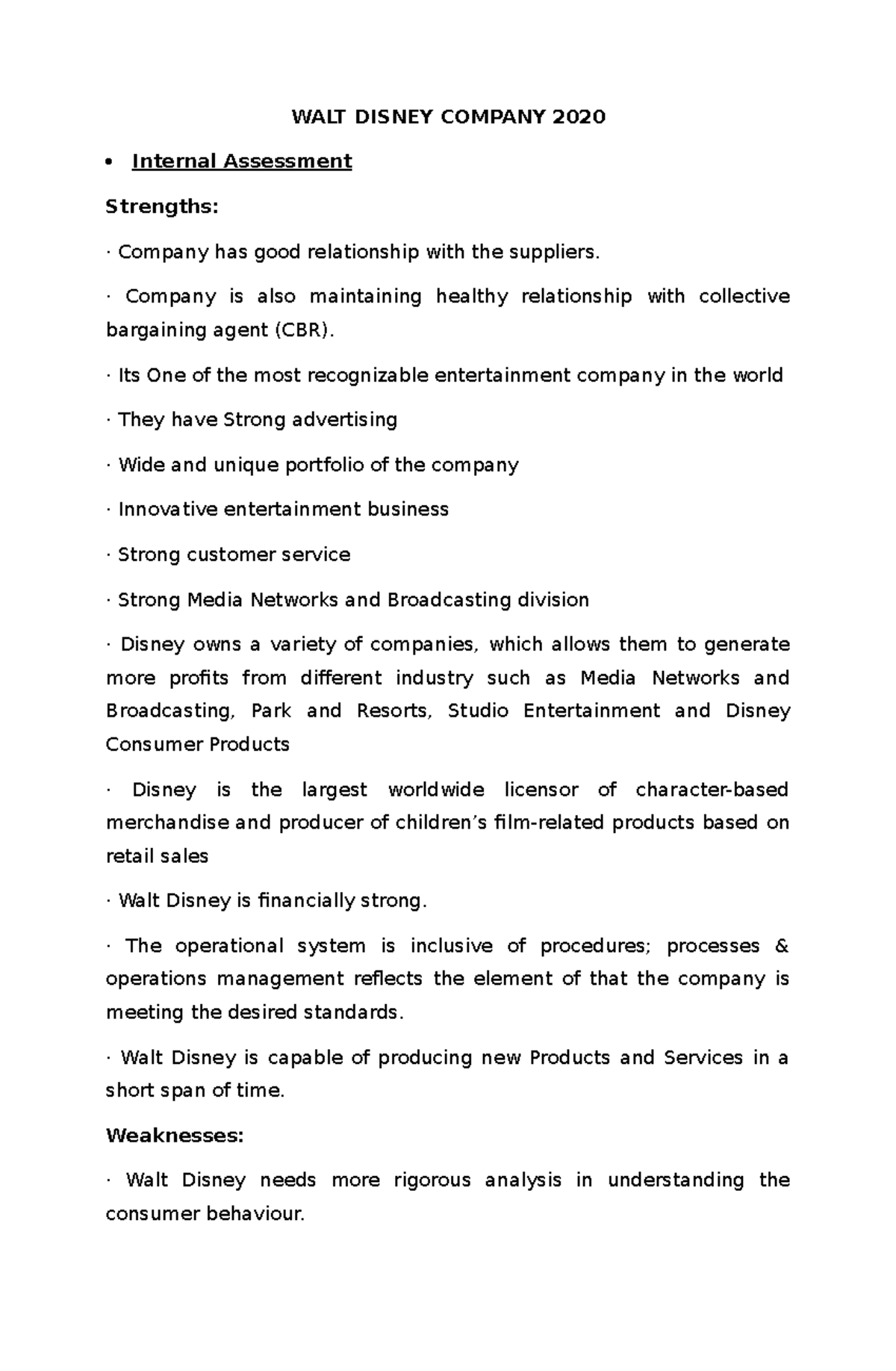 WALT Disney company 2020 - WALT DISNEY COMPANY 2020 Internal Assessment ...