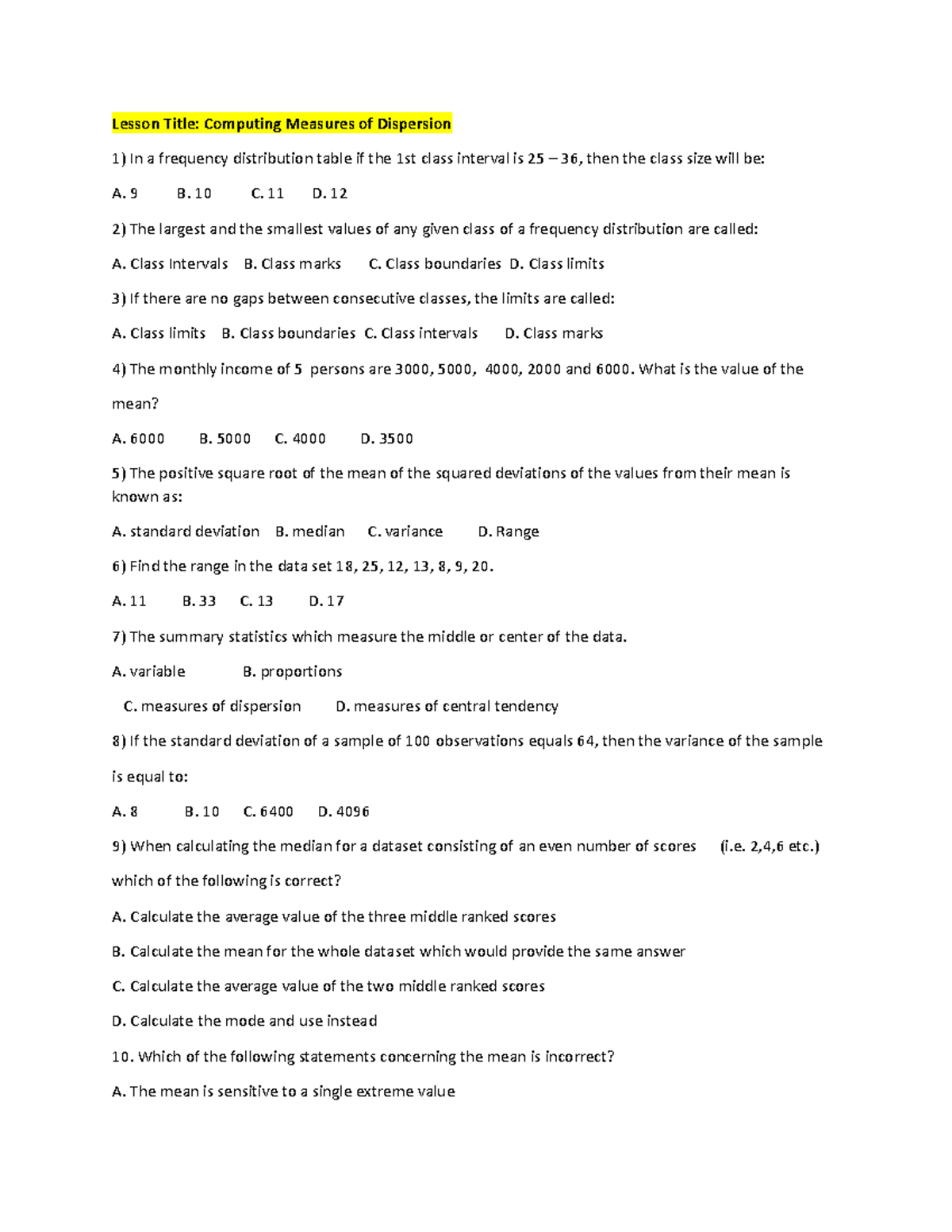 Mat - DSADSADA - Lesson Title: Computing Measures of Dispersion In a ...
