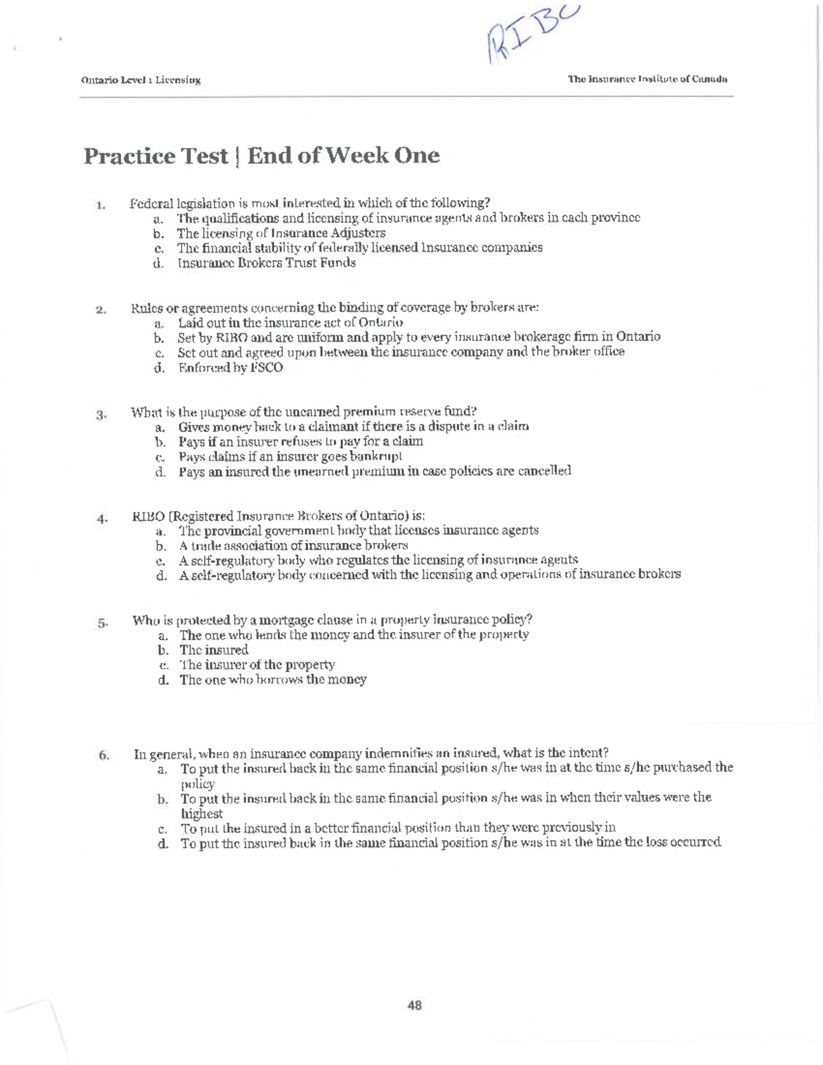 Practice Test- Insurance / Ribo - M.Com Banking and Insurance - Studocu