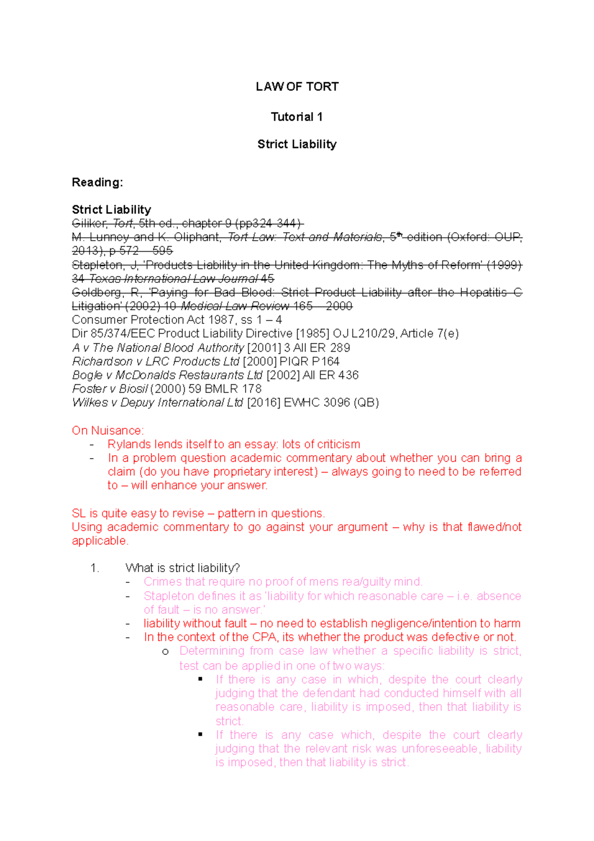 Strict Liability - LAW OF TORT Tutorial 1 Strict Liability Reading ...