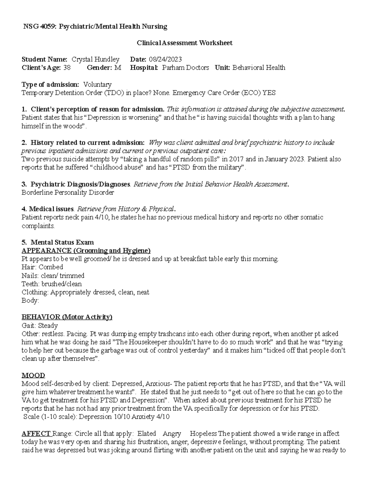 NSG 4059: Psychiatric/Mental Health Nursing Clinical Assessment ...