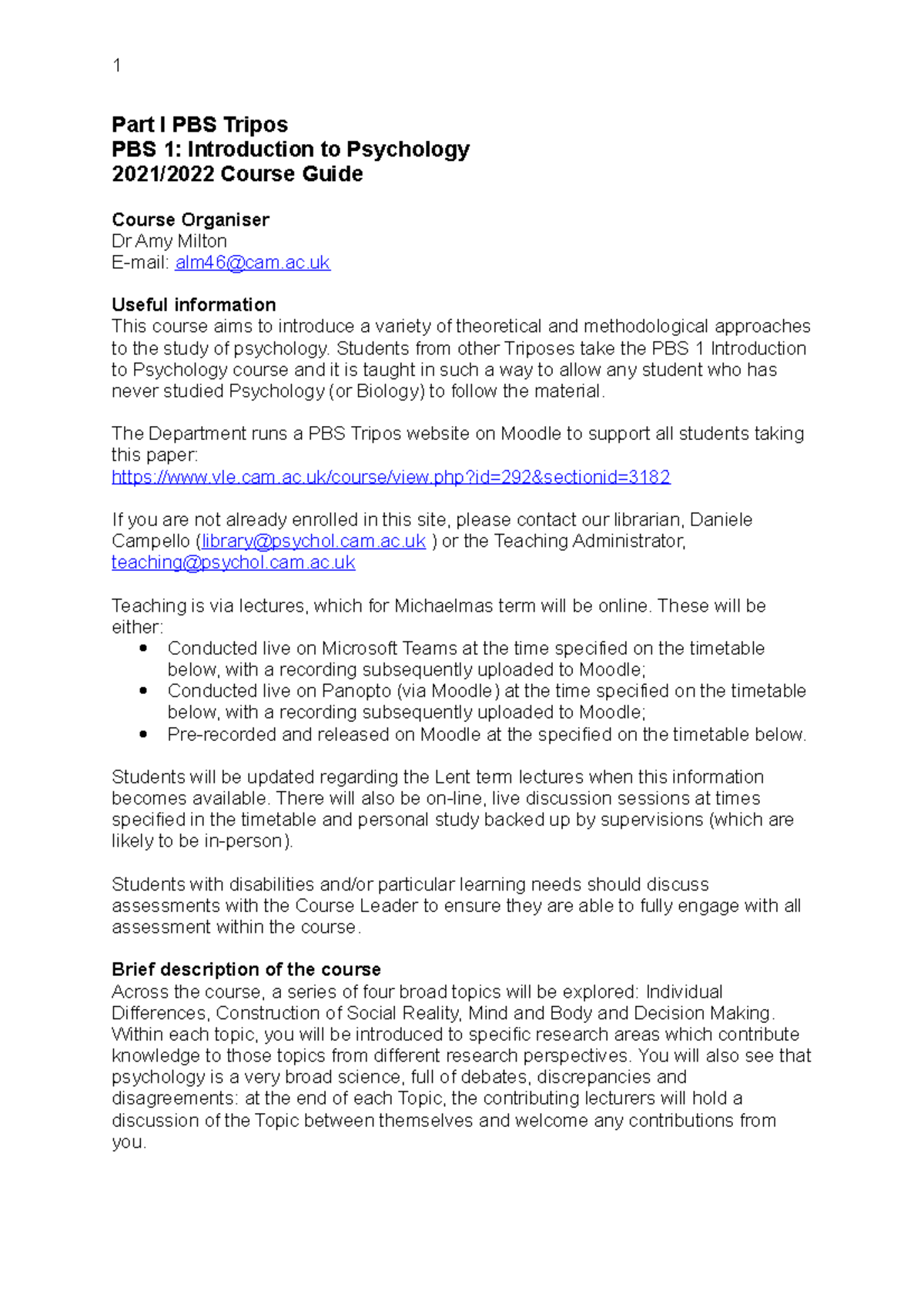 PBS 1 2021-22 paper guide 14 - Part I PBS Tripos PBS 1: Introduction to ...