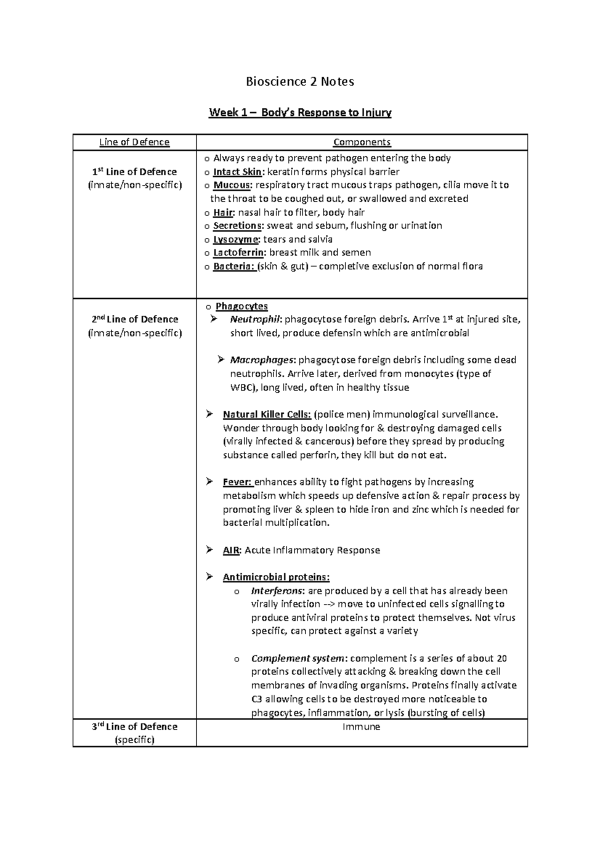 18558-sample - notes - Bioscience 2 Notes Week 1 – Body’s Response to ...