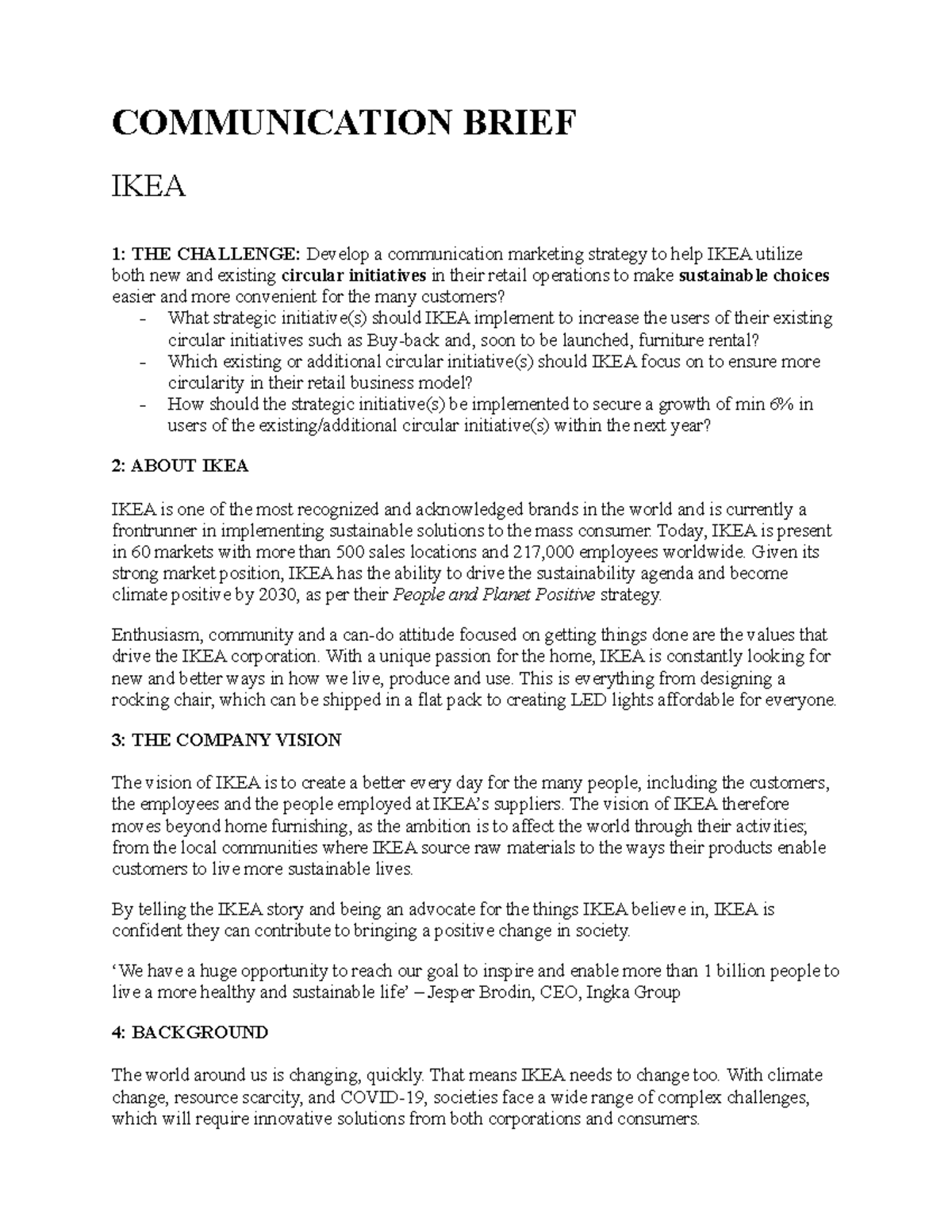 IKEA marketing brief - COMMUNICATION BRIEF IKEA 1: THE CHALLENGE ...