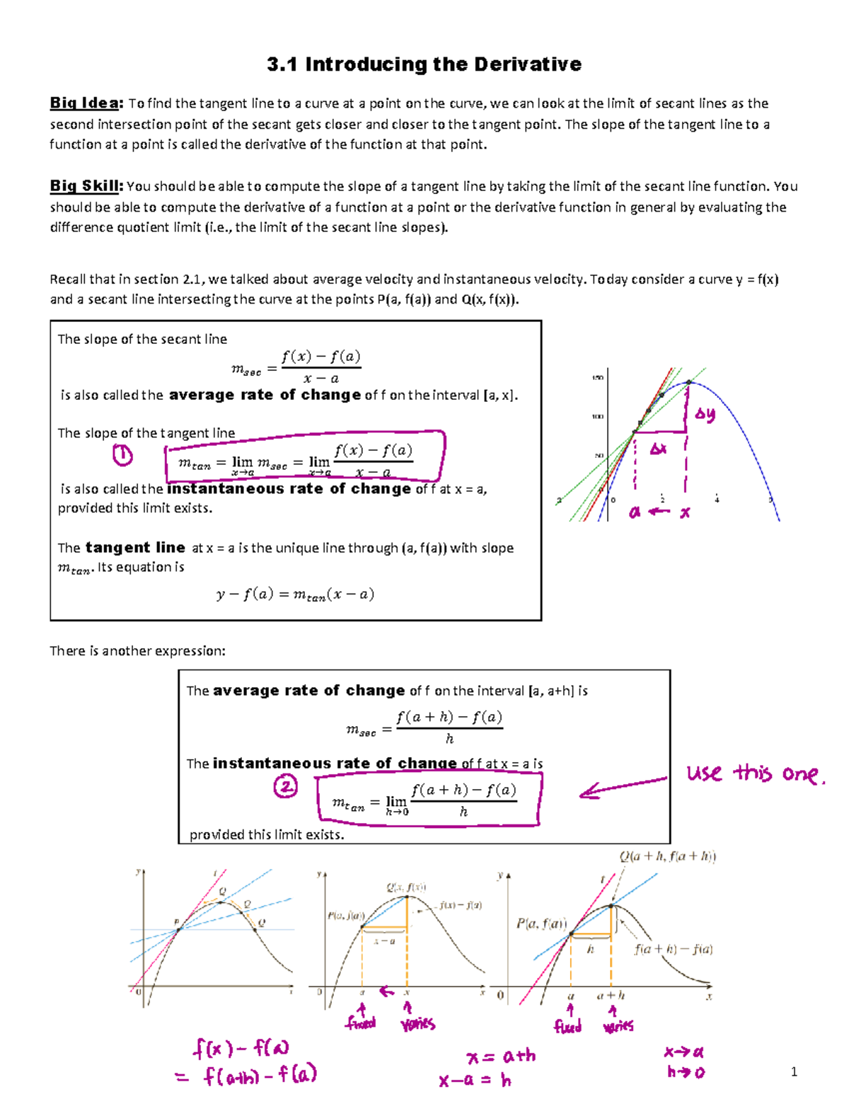 3 - Chapter 3.1 Review - 3 Introducing the Derivative Big Idea: To find ...