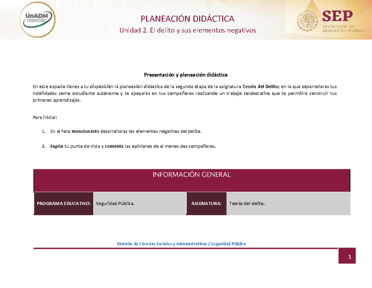 Planeación didáctica U2 Teoría DEL Delito - Warning: TT: undefined function: 32 Warning: TT ...
