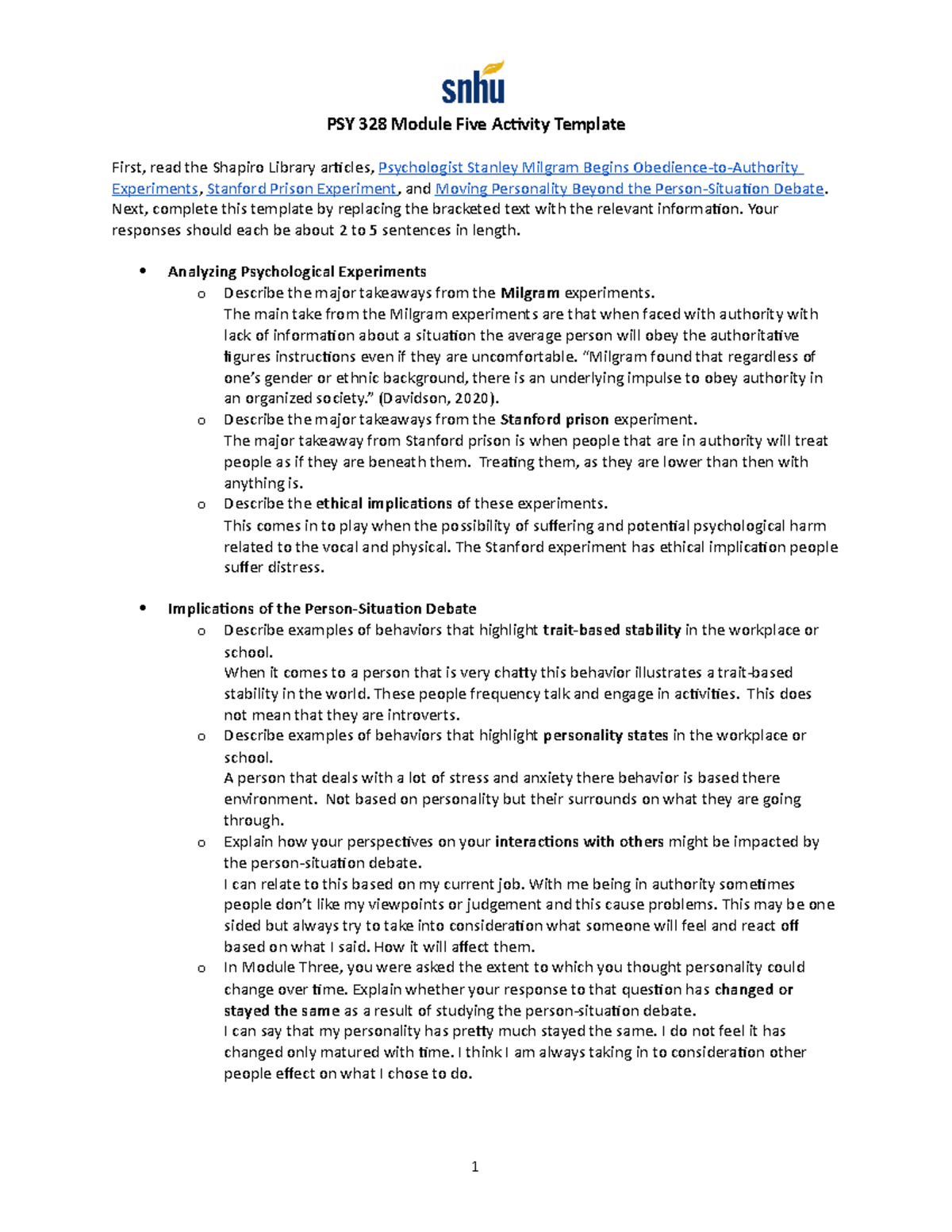 PSY 328 Module Five Activity Template - PSY 328 Module Five Activity Template First, read the ...
