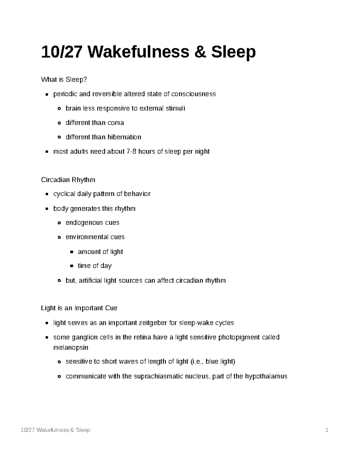 Wakefulness and Sleep - 10/27 Wakefulness & Sleep What is Sleep ...