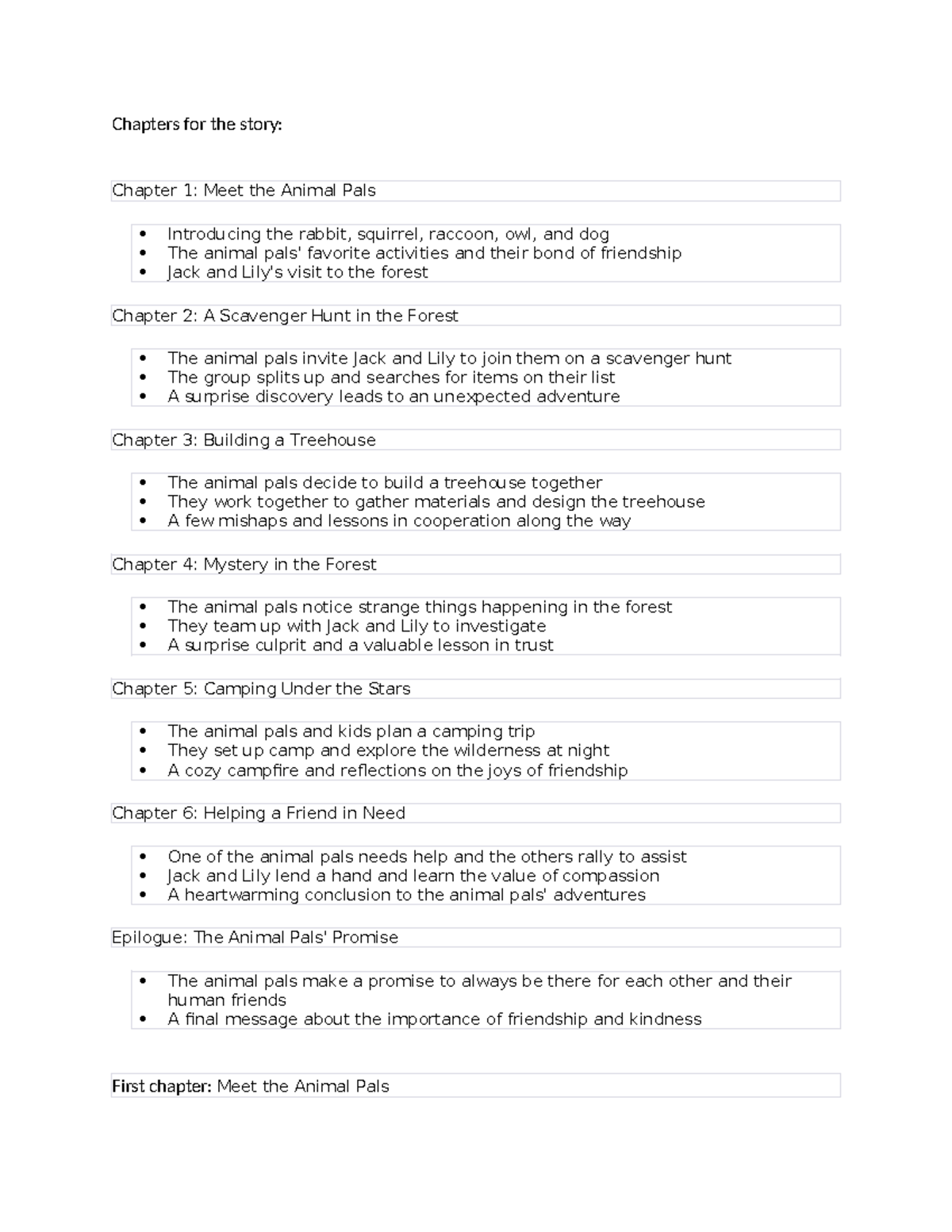 Practice material - Chapters for the story: Chapter 1: Meet the Animal ...