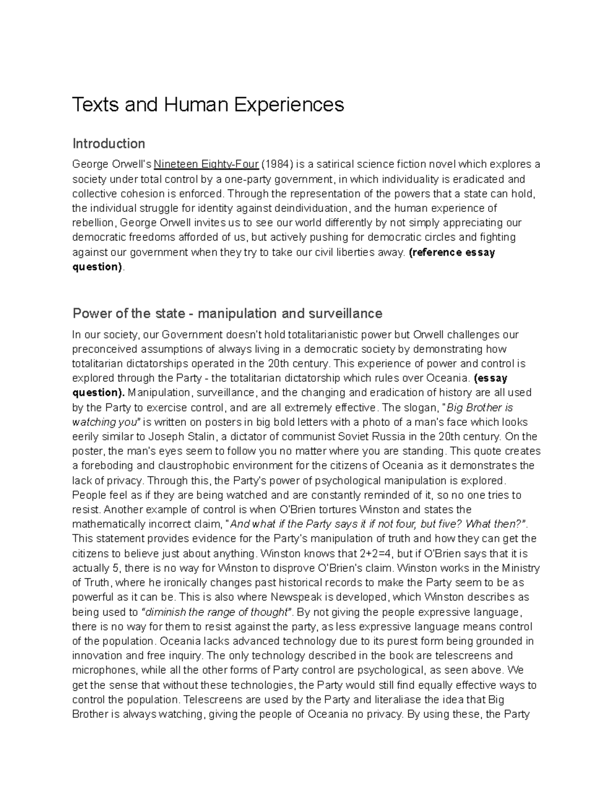 Texts and Human Experiences - 1984 - George Orwell - Texts and Human ...