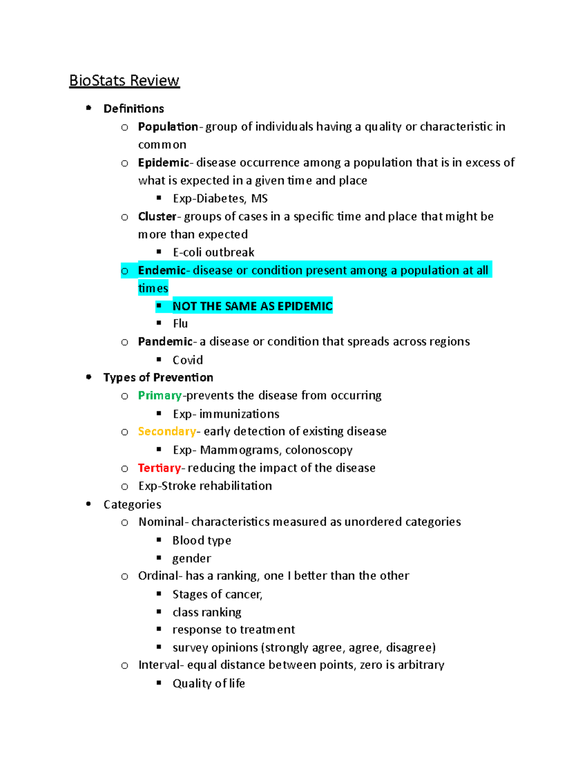 Bio Stats Review Outline - BioStats Review Definitions o Population ...