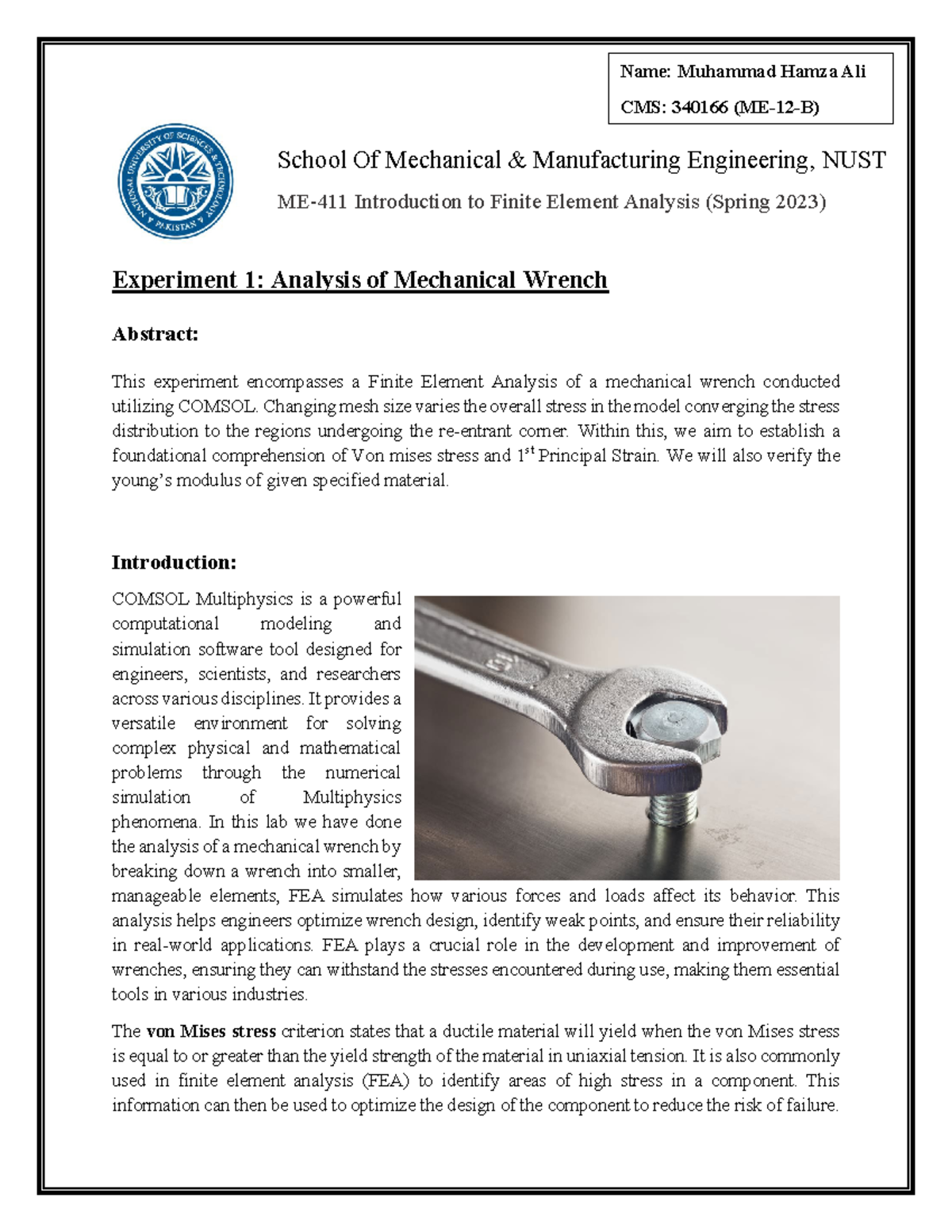 Experiment 1 - Wrench - In the course "Introduction to Finite Element ...