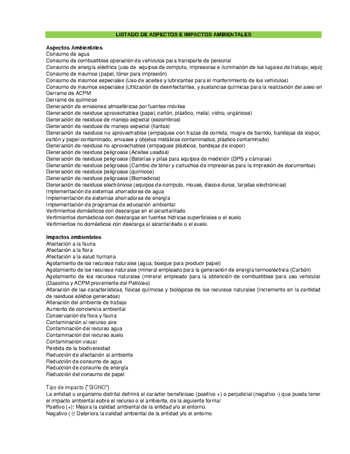 Listado de aspectos e impactos ambientales - LISTADO DE ASPECTOS E ...