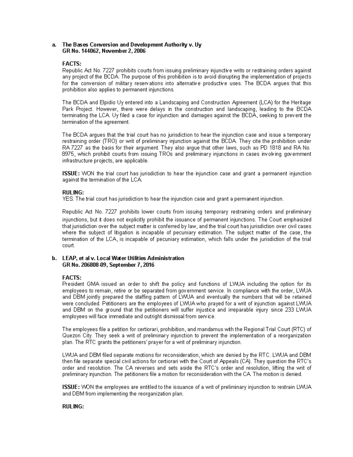 Injunction Digests - Summary Juris Doctor - a. The Bases Conversion and Development Authority v ...