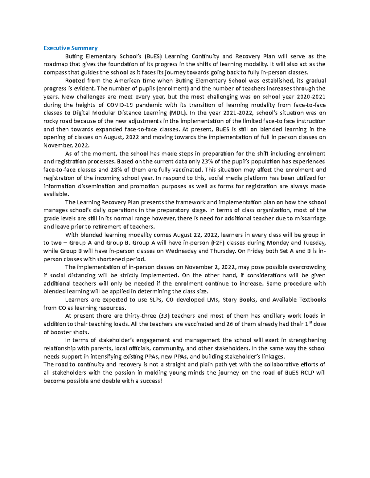 Executive Summary - Teaching aid - Executive Summary Buting Elementary ...