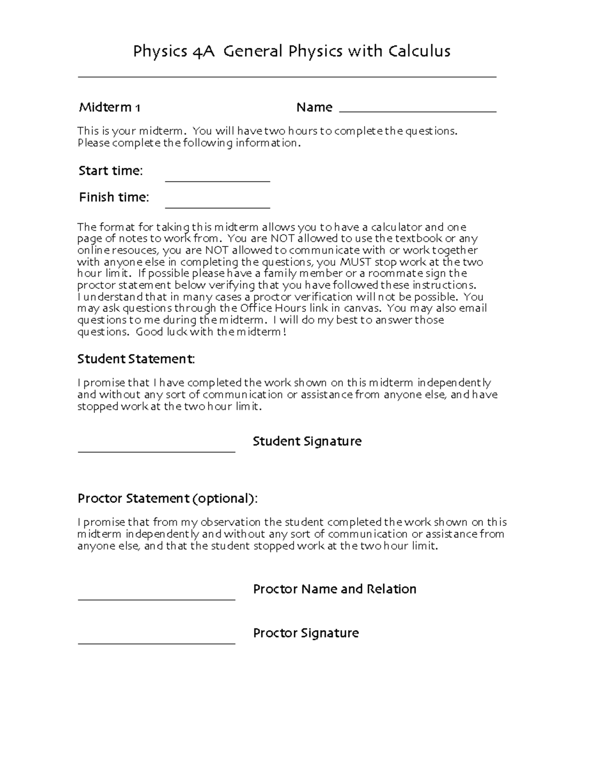 4A midterm 1-4 - Physics 4 A General Physics with Calculus Midterm 1 ...