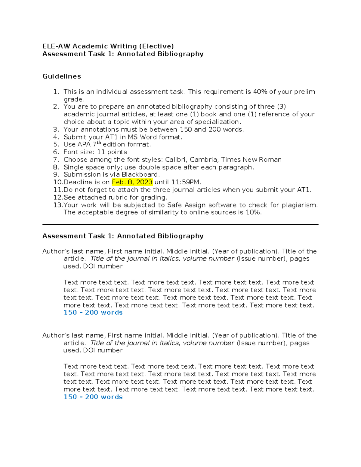AT1 Annotated bibliography - Guidelines - ELE-AW Academic Writing ...