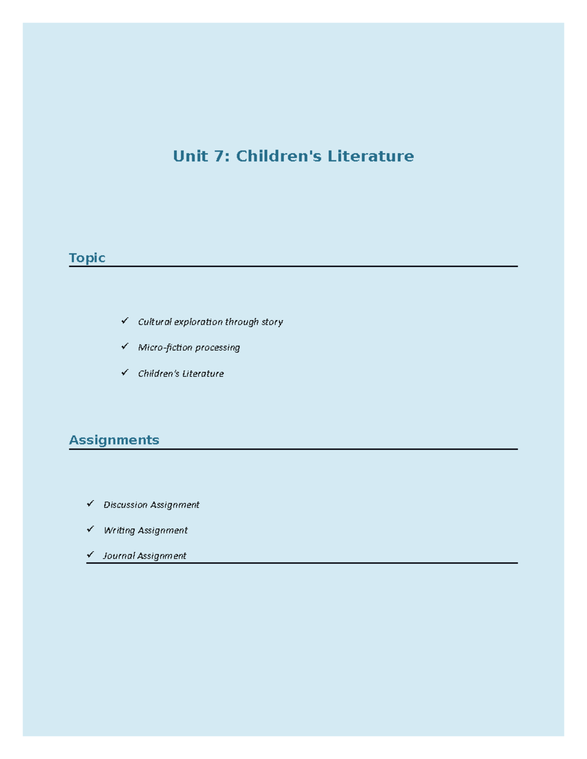 ENGL 1405 Unit 7 Assignments - Unit 7: Children's Literature Topic Cultural exploration through ...