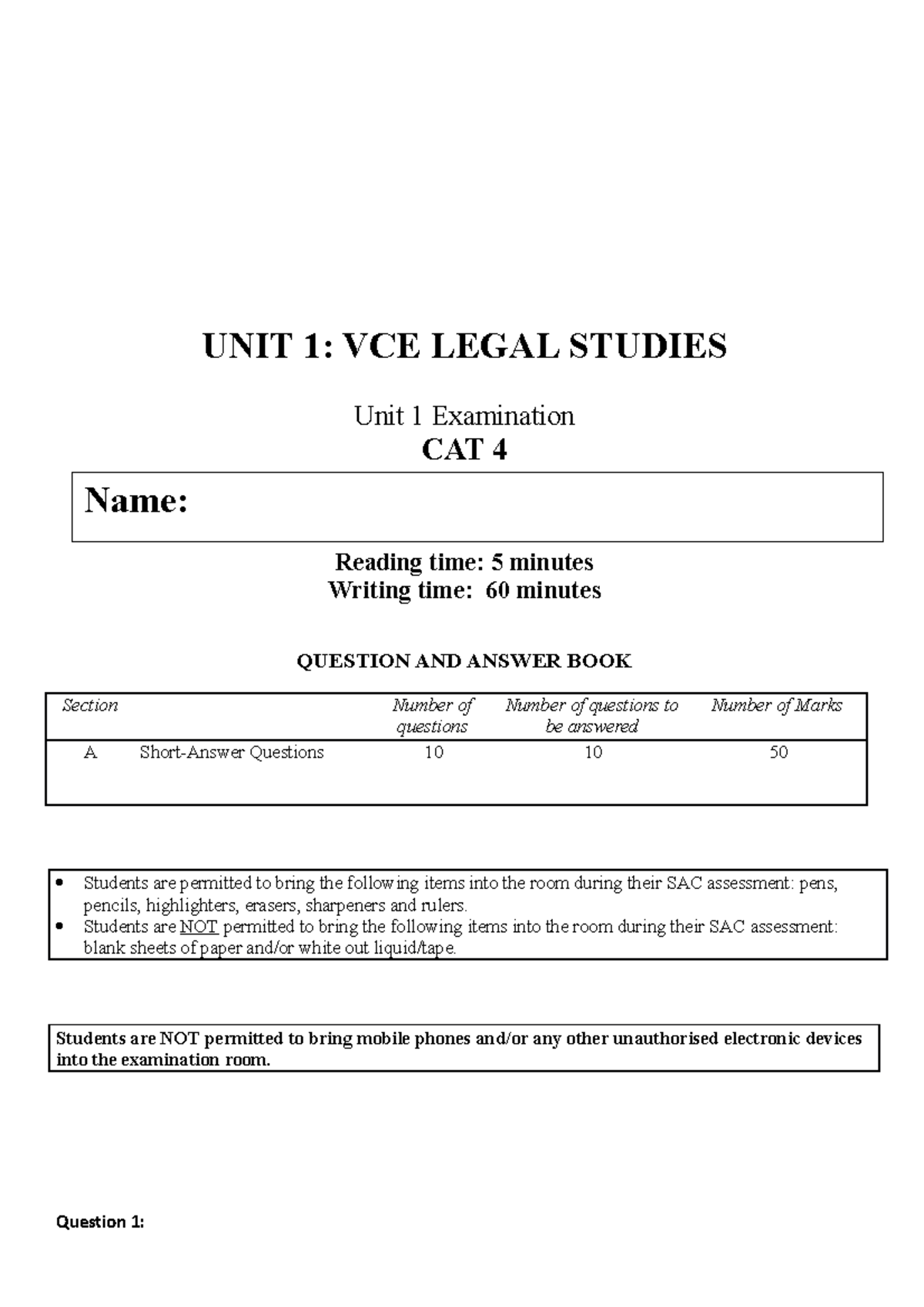 Legal Studies Unit 1Exam-1 - UNIT 1: VCE LEGAL STUDIES Unit 1 ...