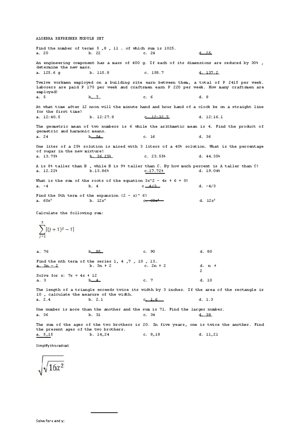 Algebra Refresher Ghnnk ALGEBRA REFRESHER MODULE SET Find The